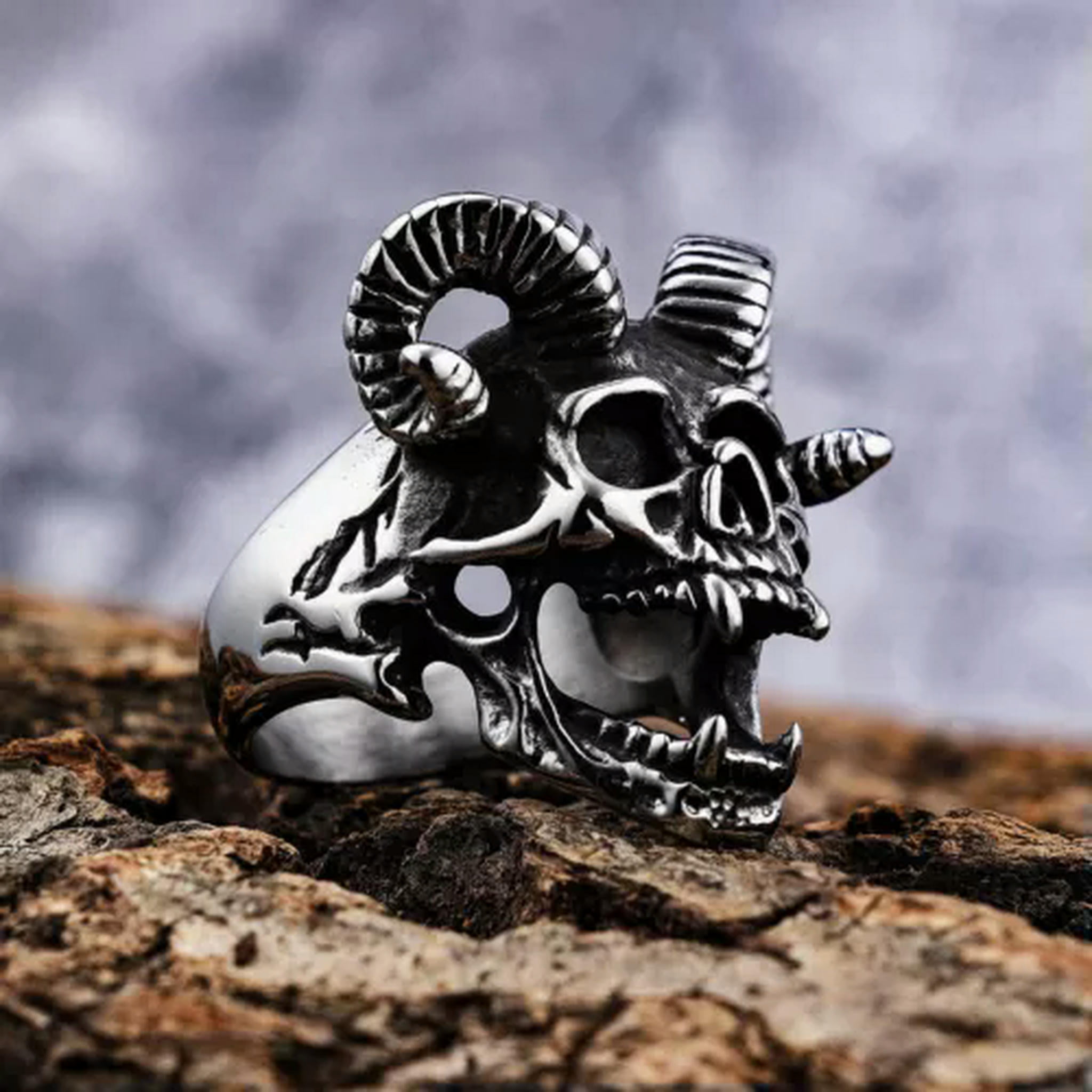 HOOUN Gothic Ram Horn Satan Evil Skull Ring Stainless Steel Men's ...