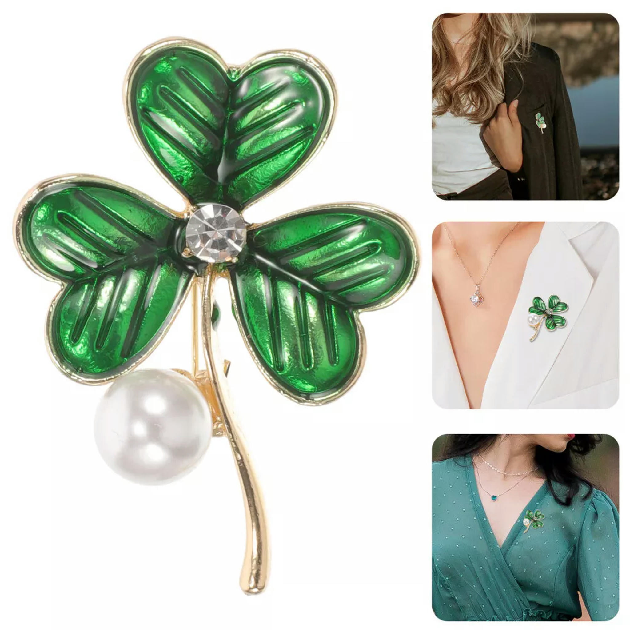 HOOUN Green Jeweled Silver Shamrock Brooch Pins and Brooches Delicate ...