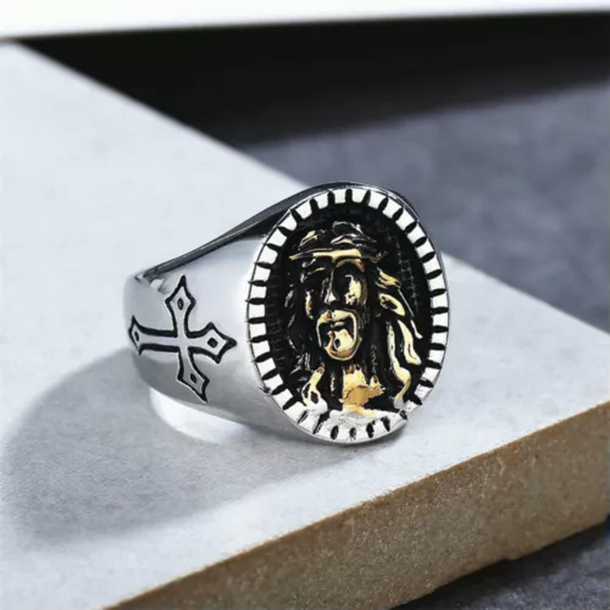 HOOUN Jesus Christ Cross Ring Stainless Steel Vintage Cross Biker Pray ...