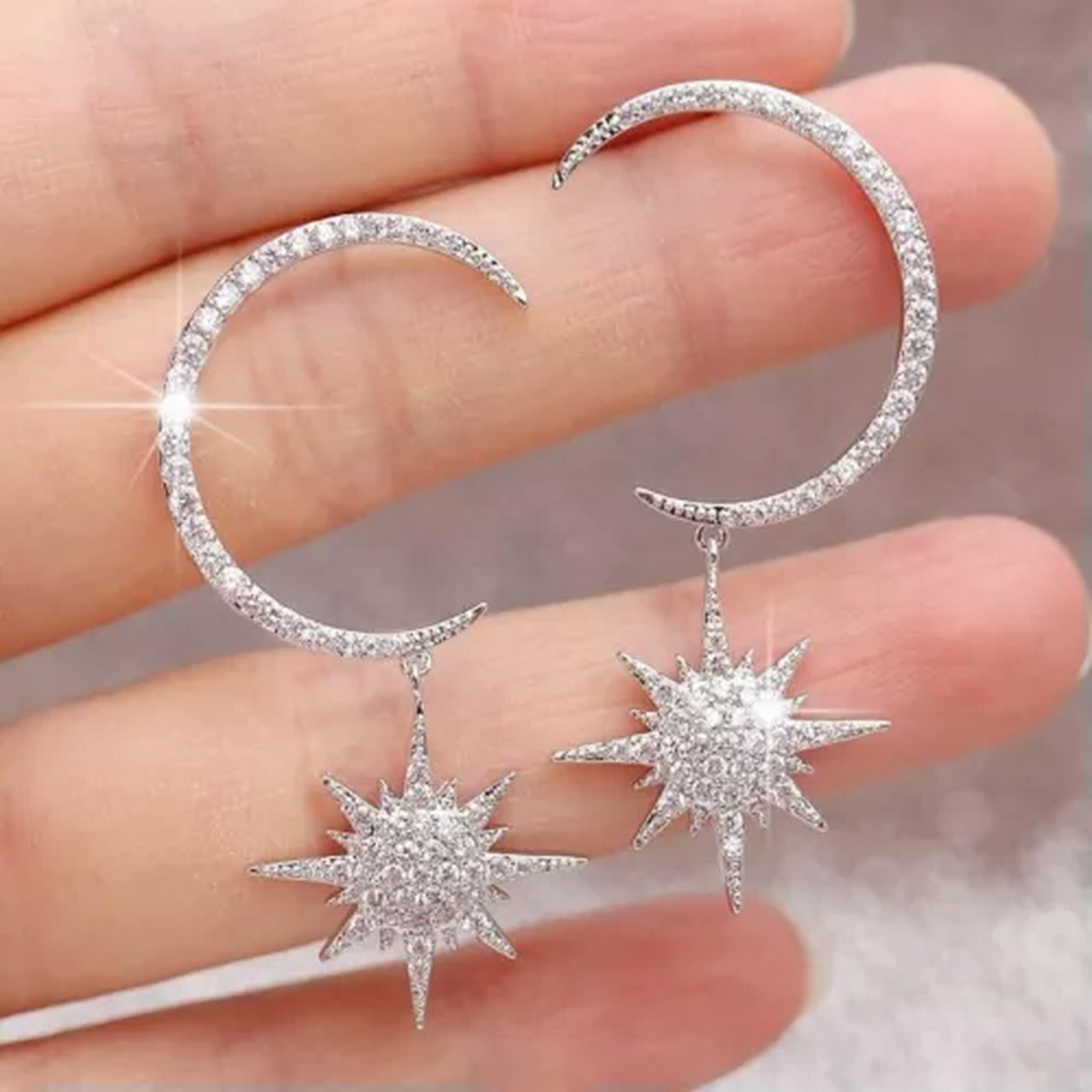 HOOUN Korean Women Crystal Moon Star Drop Dangle Studs Earrings Cocktail Party Jewelry-1# Silver ...