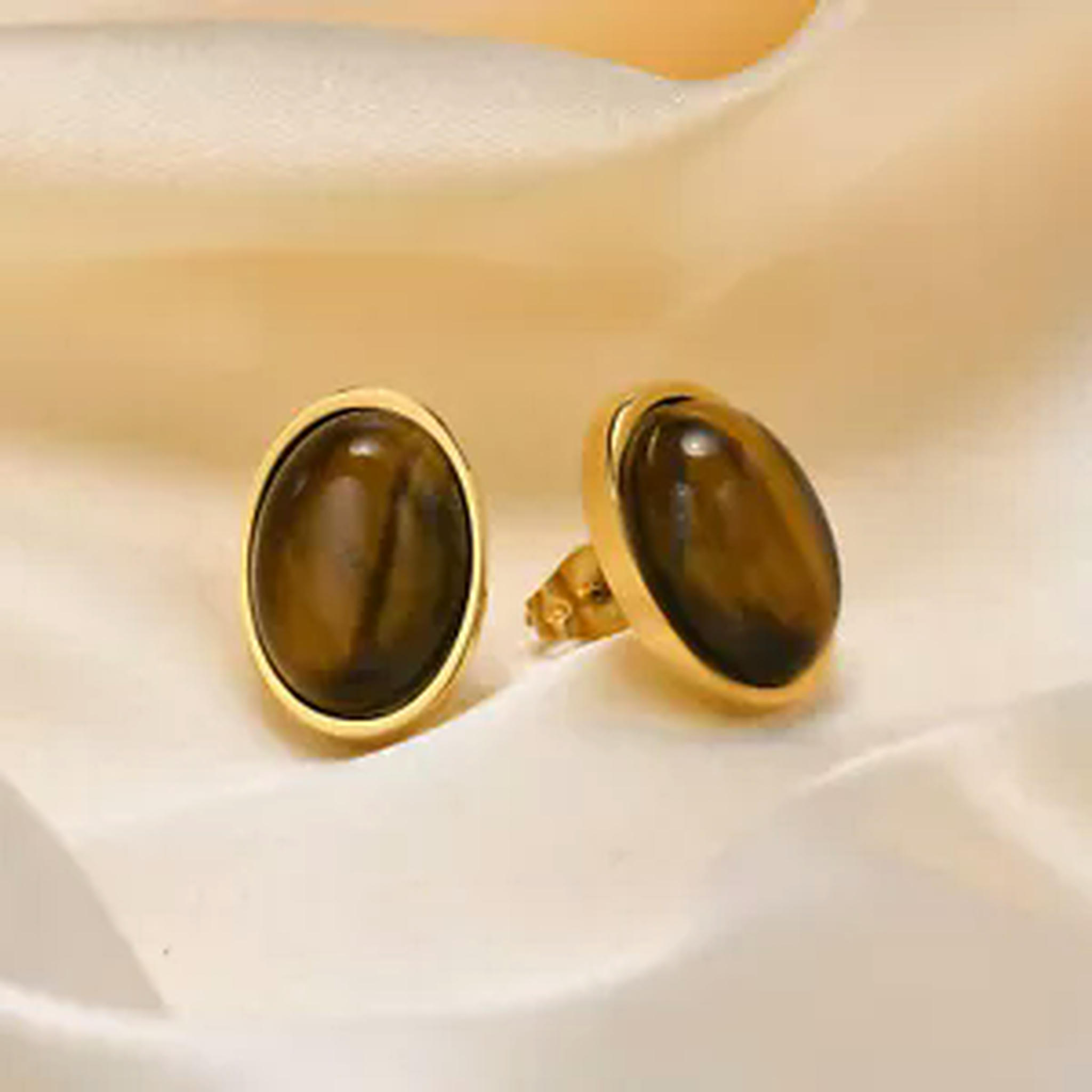 HOOUN Lady Stainless Steel Shell / Tiger Eye Stone Earrings Women's ...
