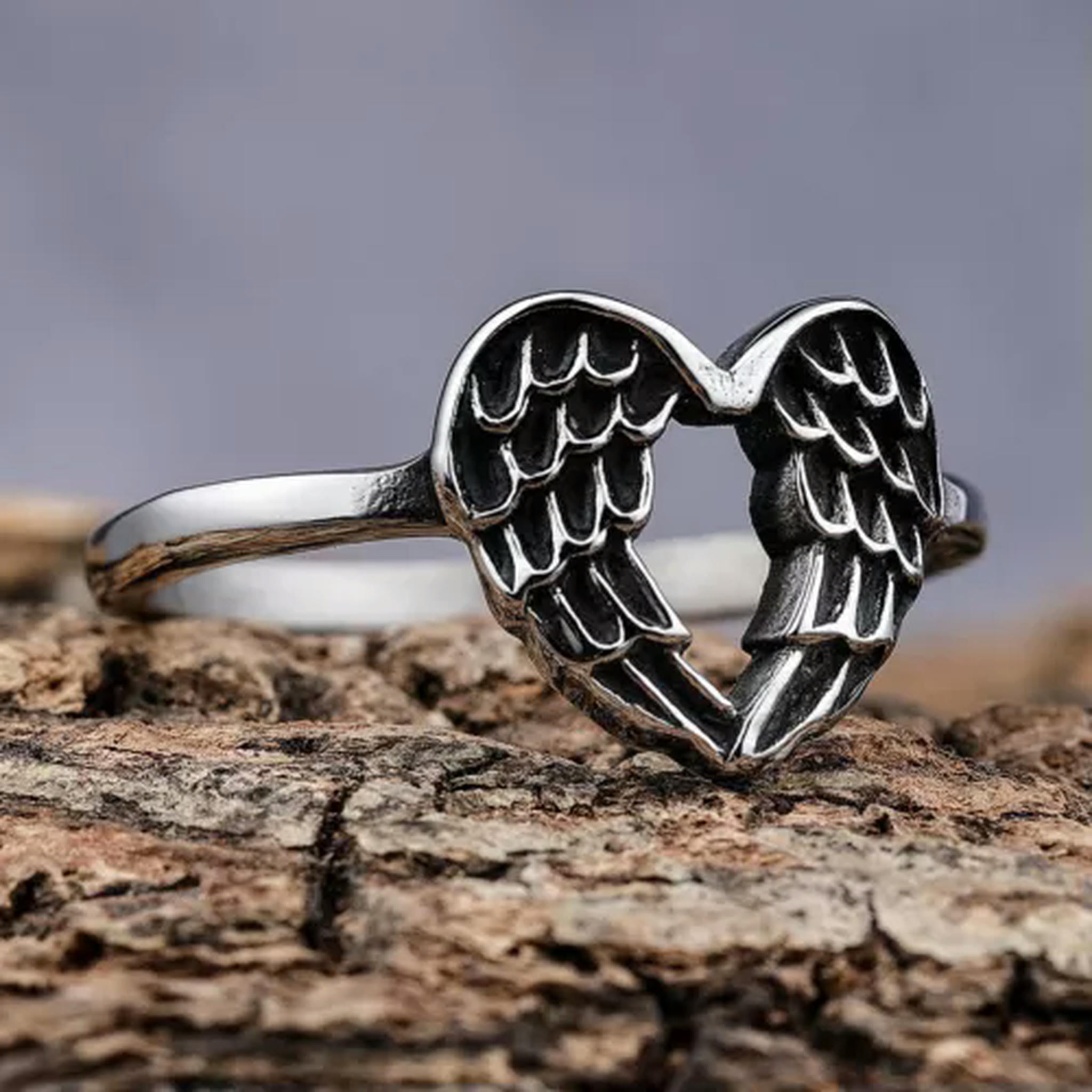 HOOUN Love Heart Shape Angle Wings Retro Ring Stainless Steel Vintage ...