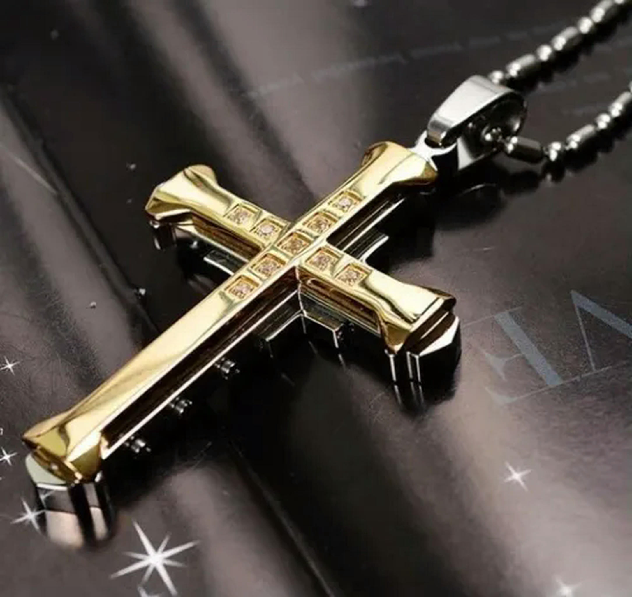 HOOUN Men Stainless Steel Chain Necklace Crystal Layered 3D Cross Jesus ...