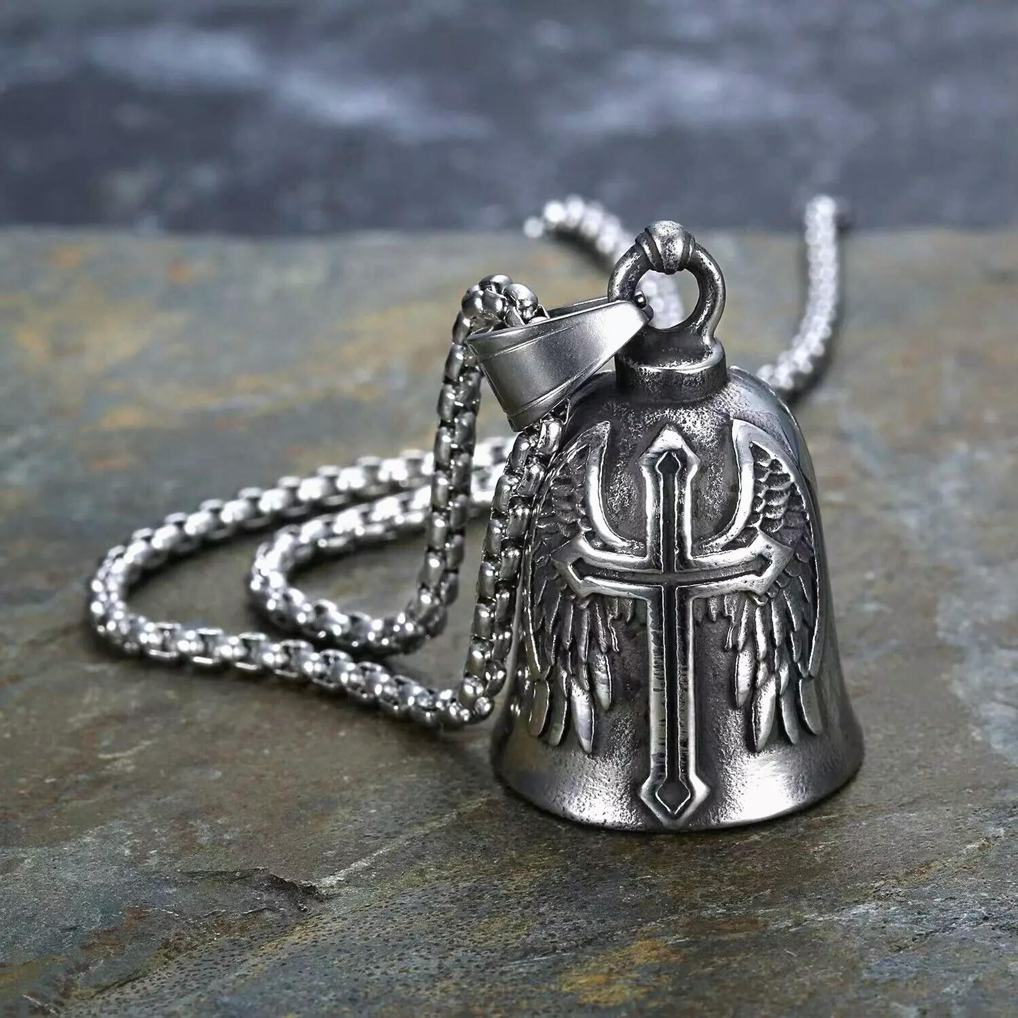 HOOUN Men's Angel Wings Cross Biker Gremlin Bell Motorcycle Pendant ...