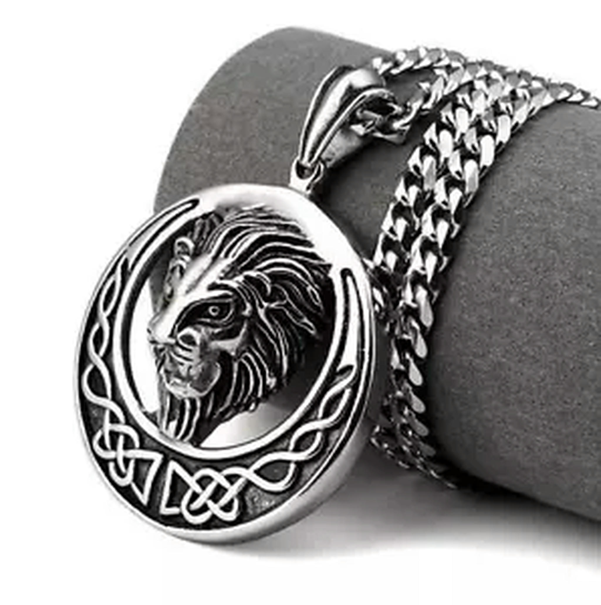 HOOUN Men's Curb Link Chain Stainless steel Vintage Large Lion Pendant ...