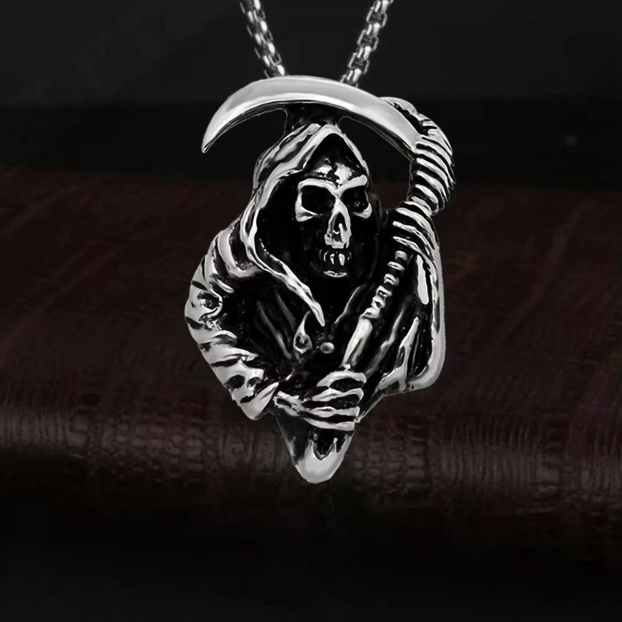 HOOUN Men's Gothic Death Skull Grim Reaper Pendant Necklace Chain Punk ...