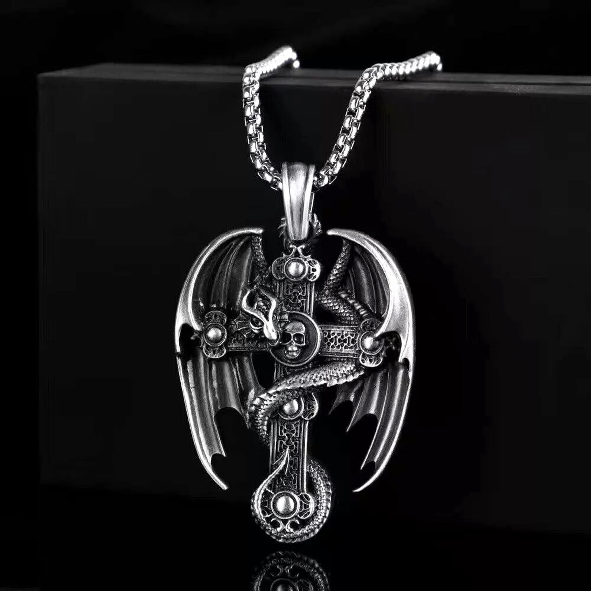 HOOUN Men's Punk Gothic Retro Winged Dragon Skull Cross Pendant ...