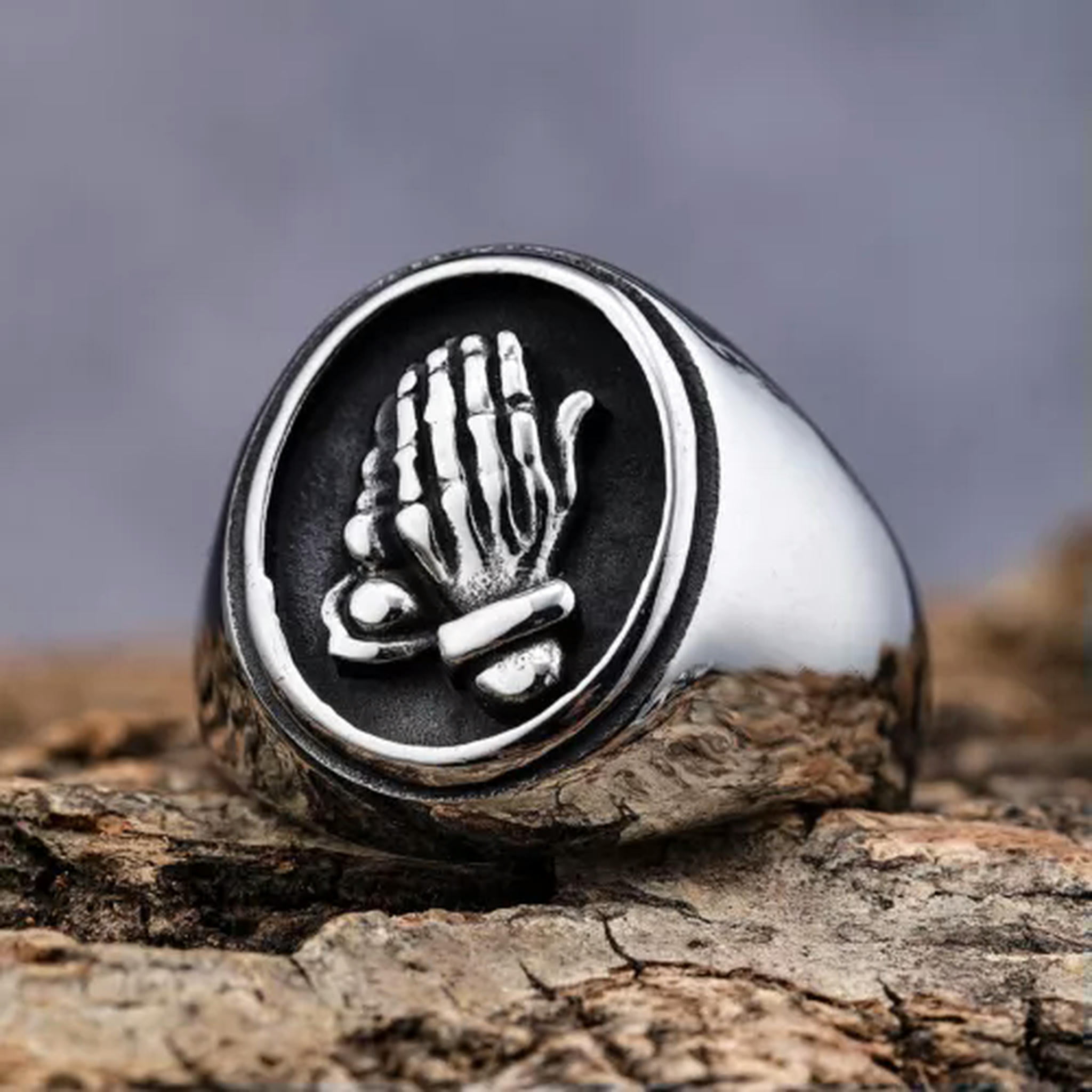 HOOUN Men's The Praying Hands Signet Ring Stainless Steel Gothic Biker ...