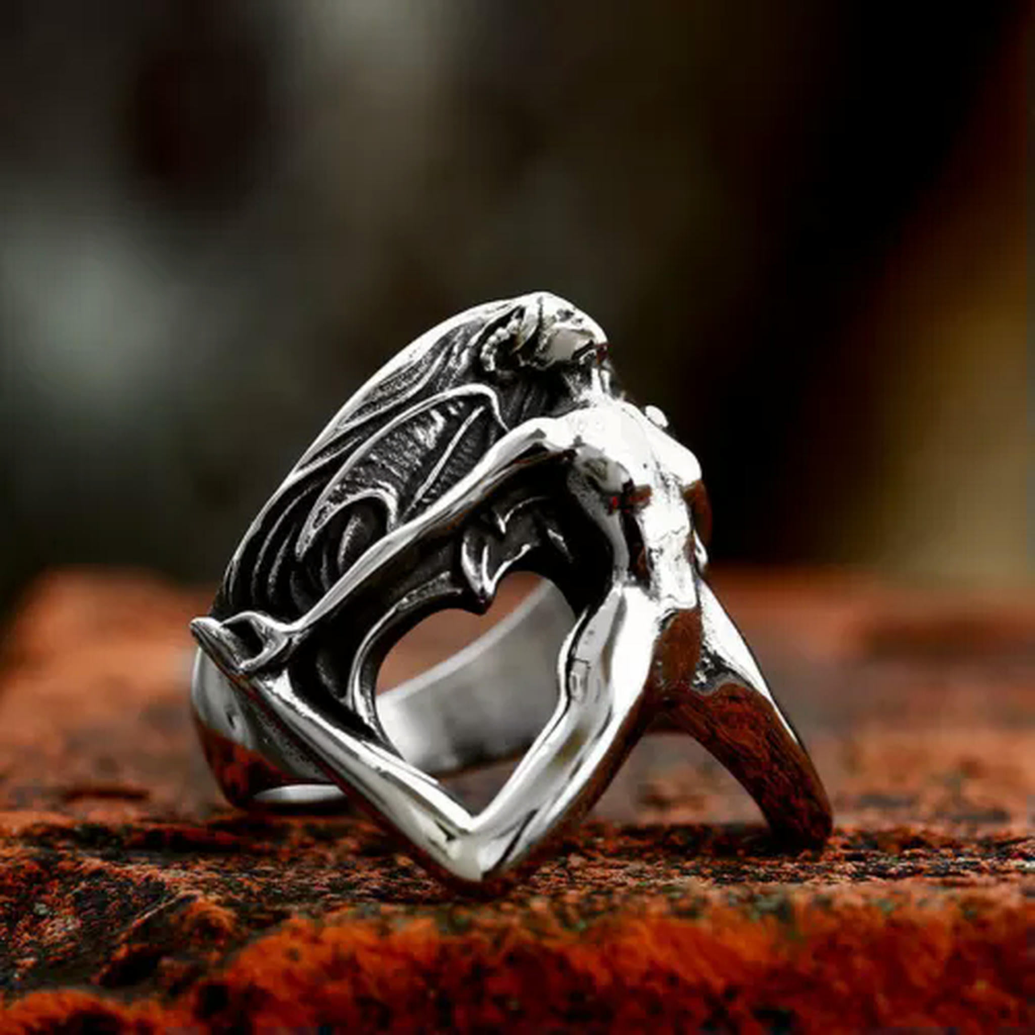 HOOUN Men's Women's Gothic Wing Demon Skull Ring Stainless Steel Naked ...