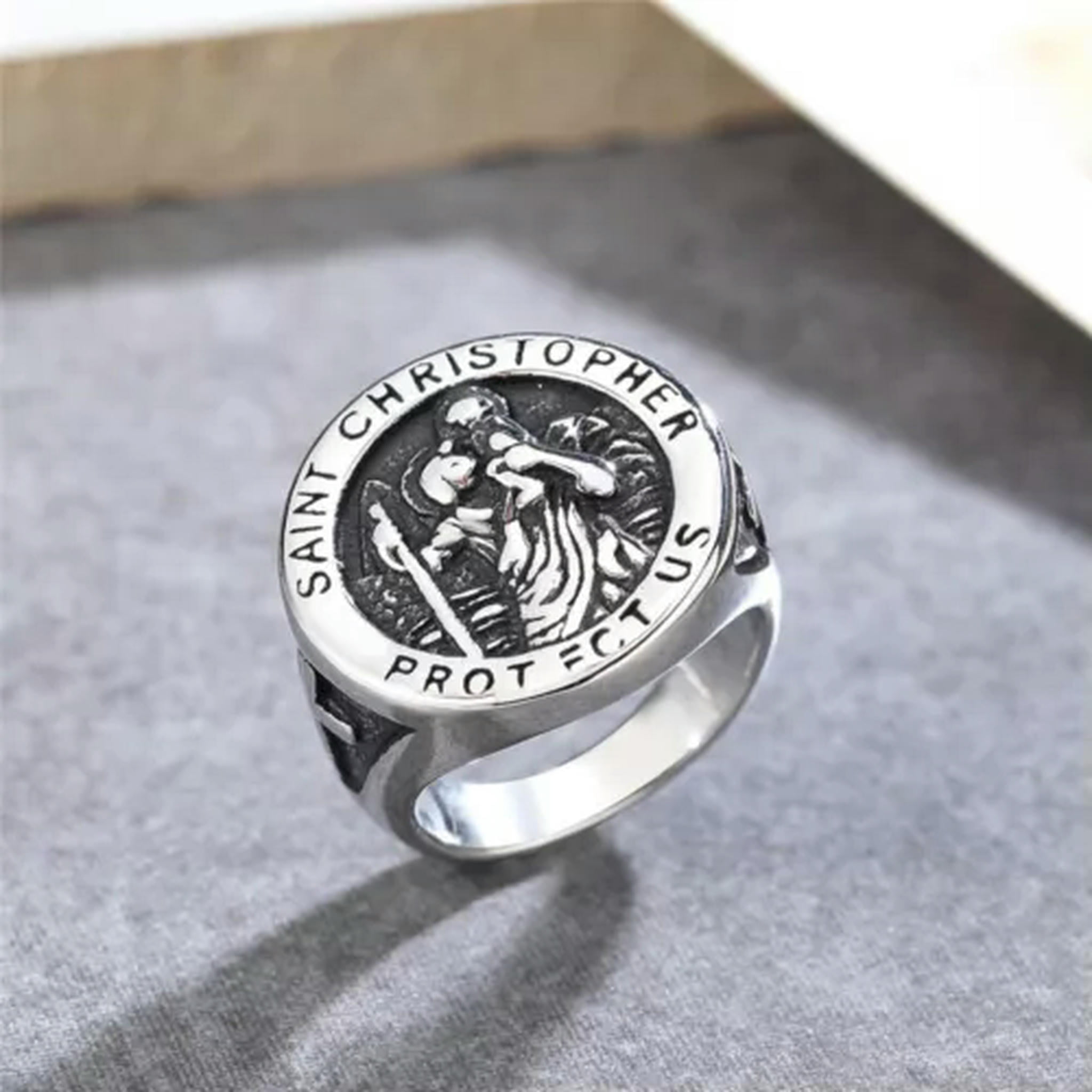 HOOUN Men's Women's Vintage SAINT CHRISTOPER PROTECT US Ring Stainless ...