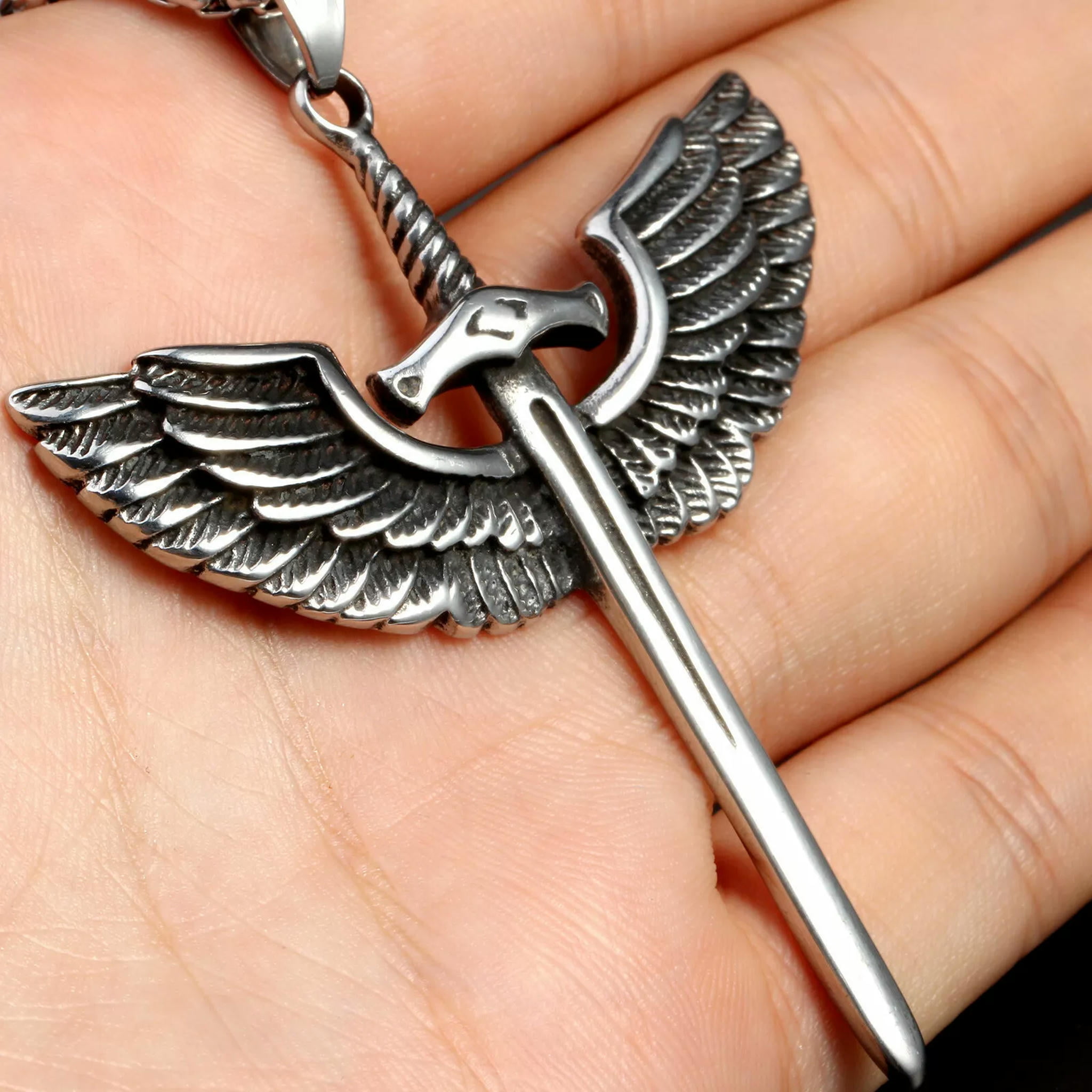 HOOUN Mens Angel Wing Sword Pendant Necklace Protection Jewelry Silver ...