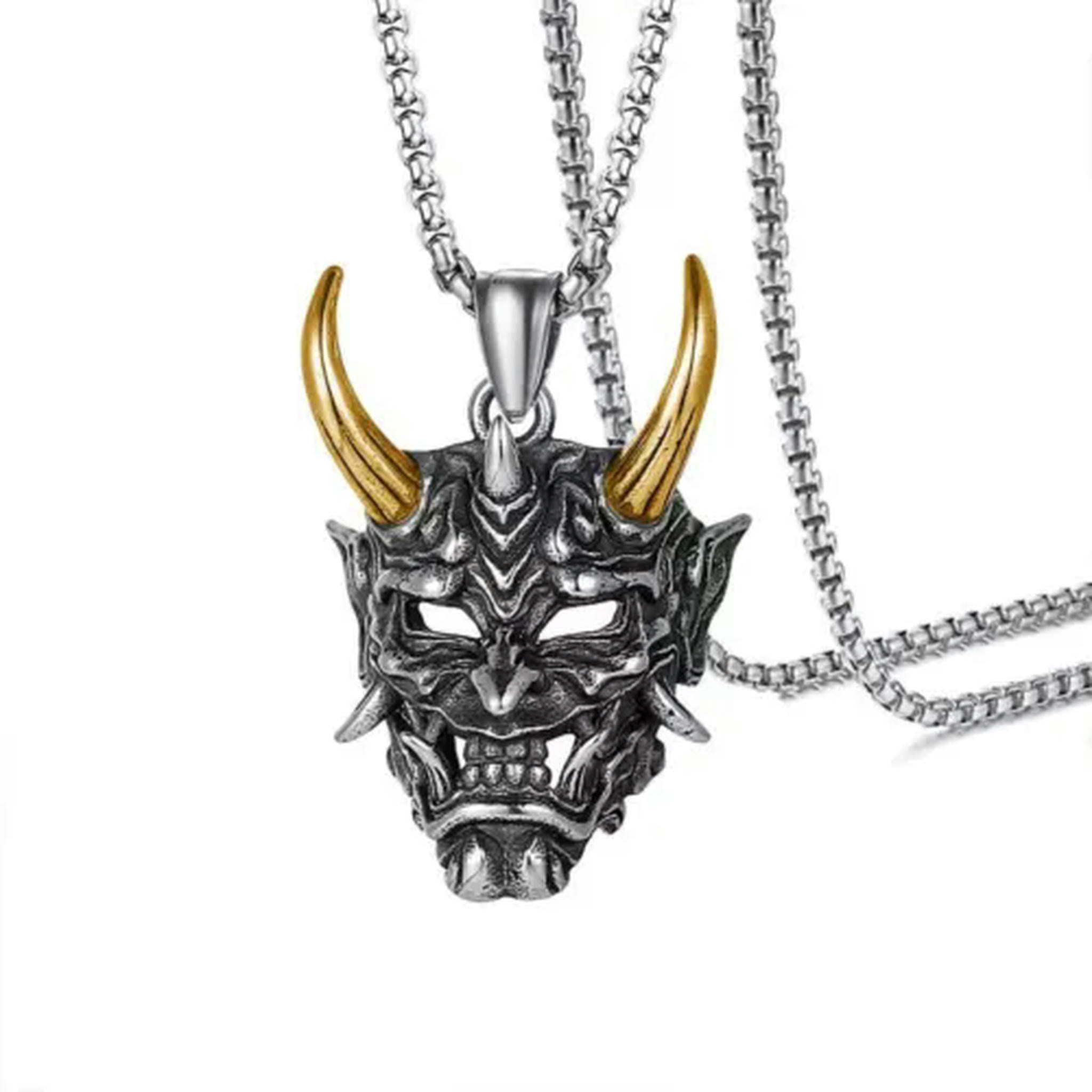 HOOUN Mens Japanese Horned Devil Hannya Oni Noh Pendant Punk Necklace ...