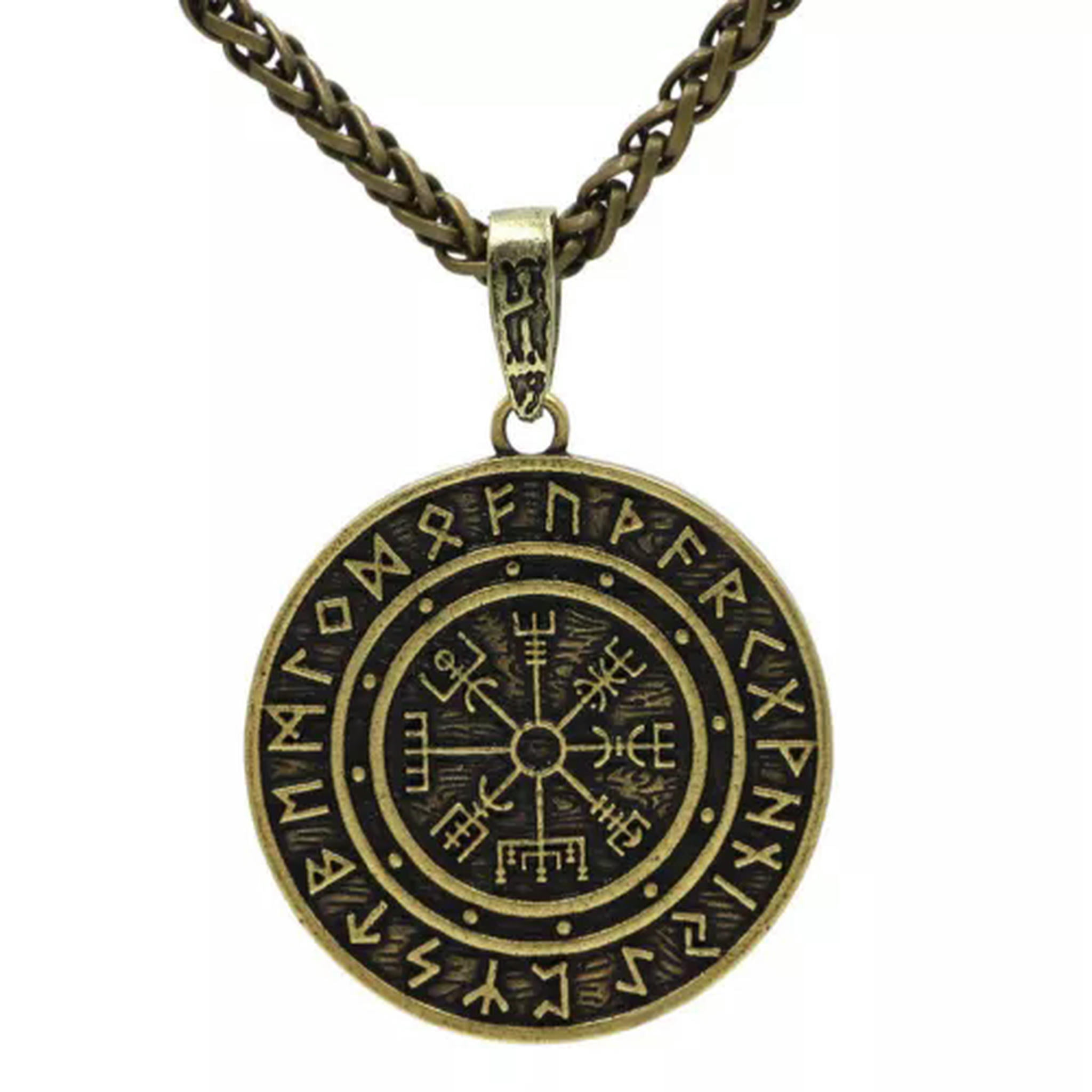 HOOUN Mens Viking Vegvisir Mjolnir Compass Amulet Compass Pendant Necklace Braid Chain-Bronze ...