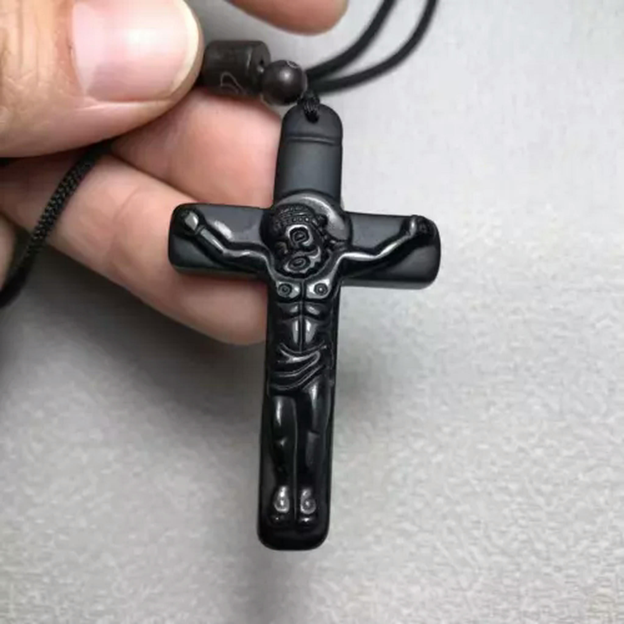 HOOUN Natural Black Obsidian Cross Crystal Necklace Amulet Pendant with ...