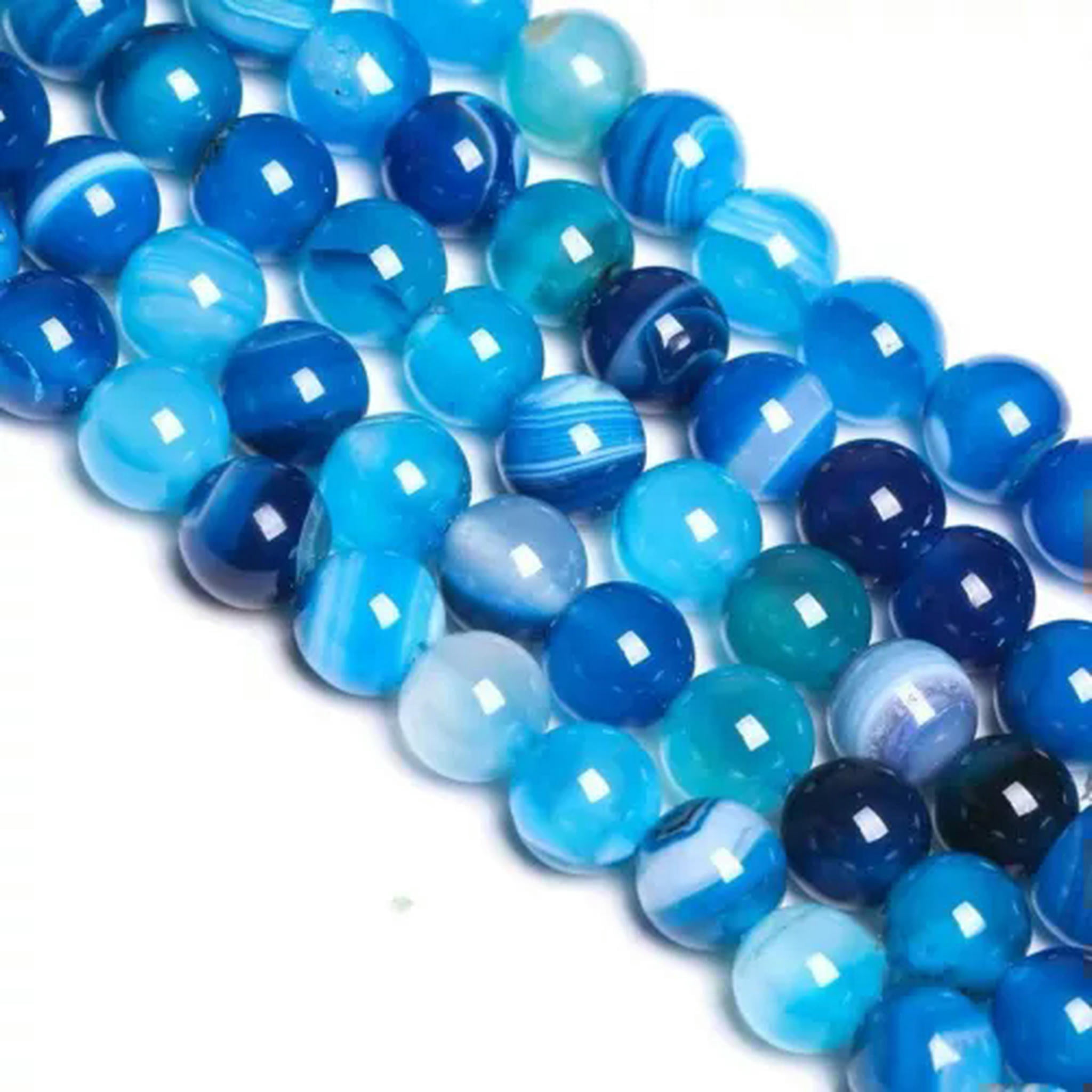 HOOUN Natural Blue Agate Gemstone Stripe Round Beads 15.5'' Strand 6mm ...