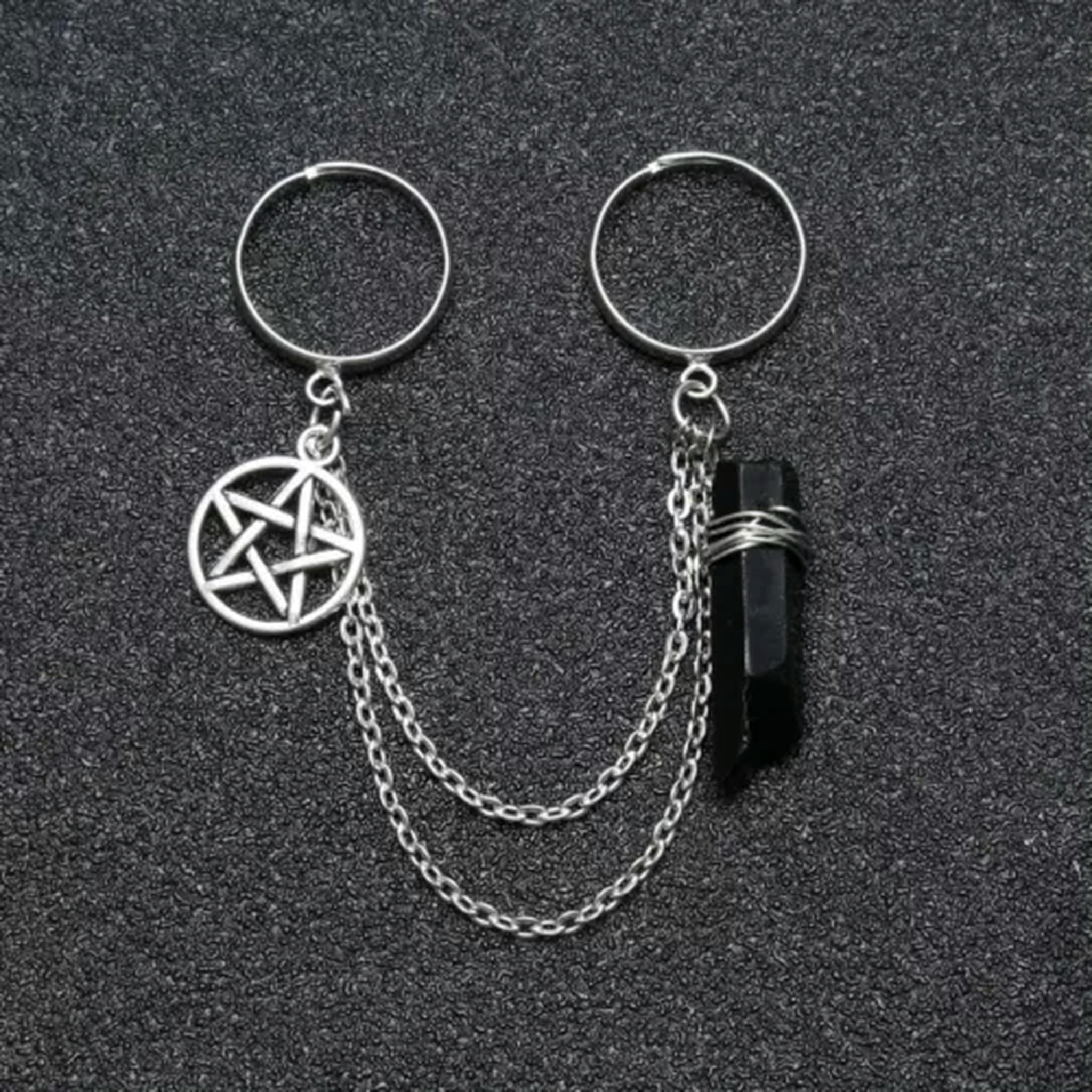 HOOUN PENTAGRAM & NATURAL QUARTZ CHAINED DOUBLE RINGS Pentacle Crystal ...