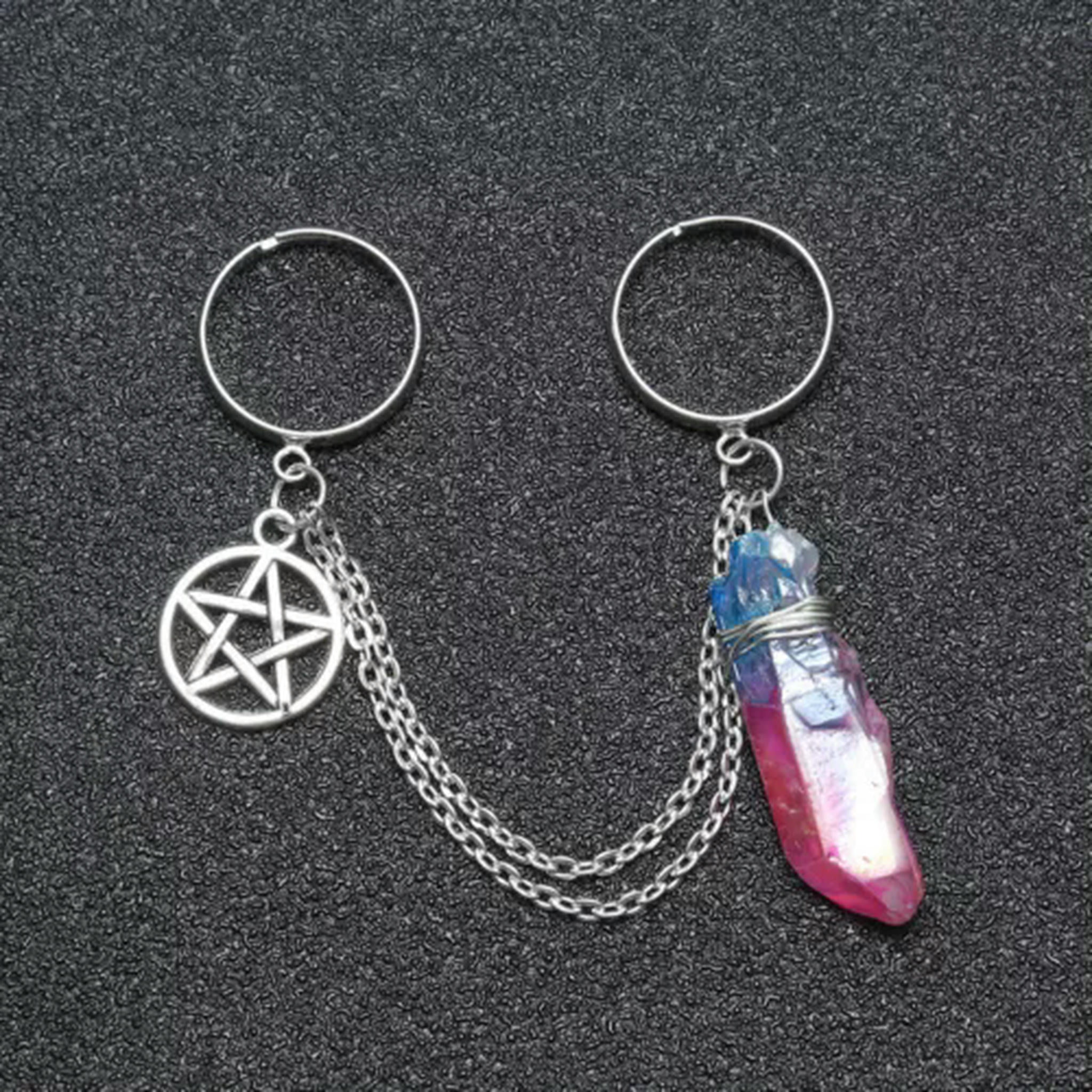 HOOUN PENTAGRAM & NATURAL QUARTZ CHAINED DOUBLE RINGS Pentacle Crystal ...