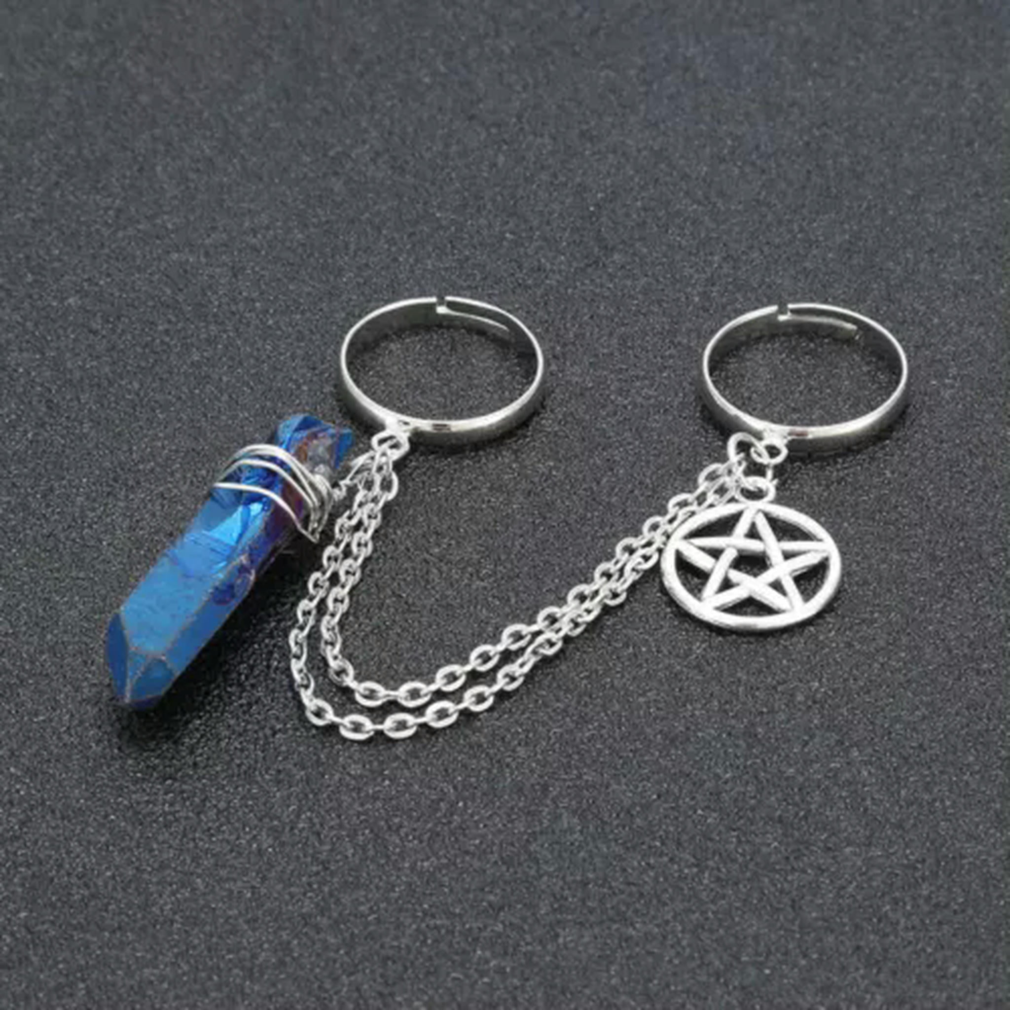 HOOUN PENTAGRAM & NATURAL QUARTZ CHAINED DOUBLE RINGS Pentacle Crystal ...
