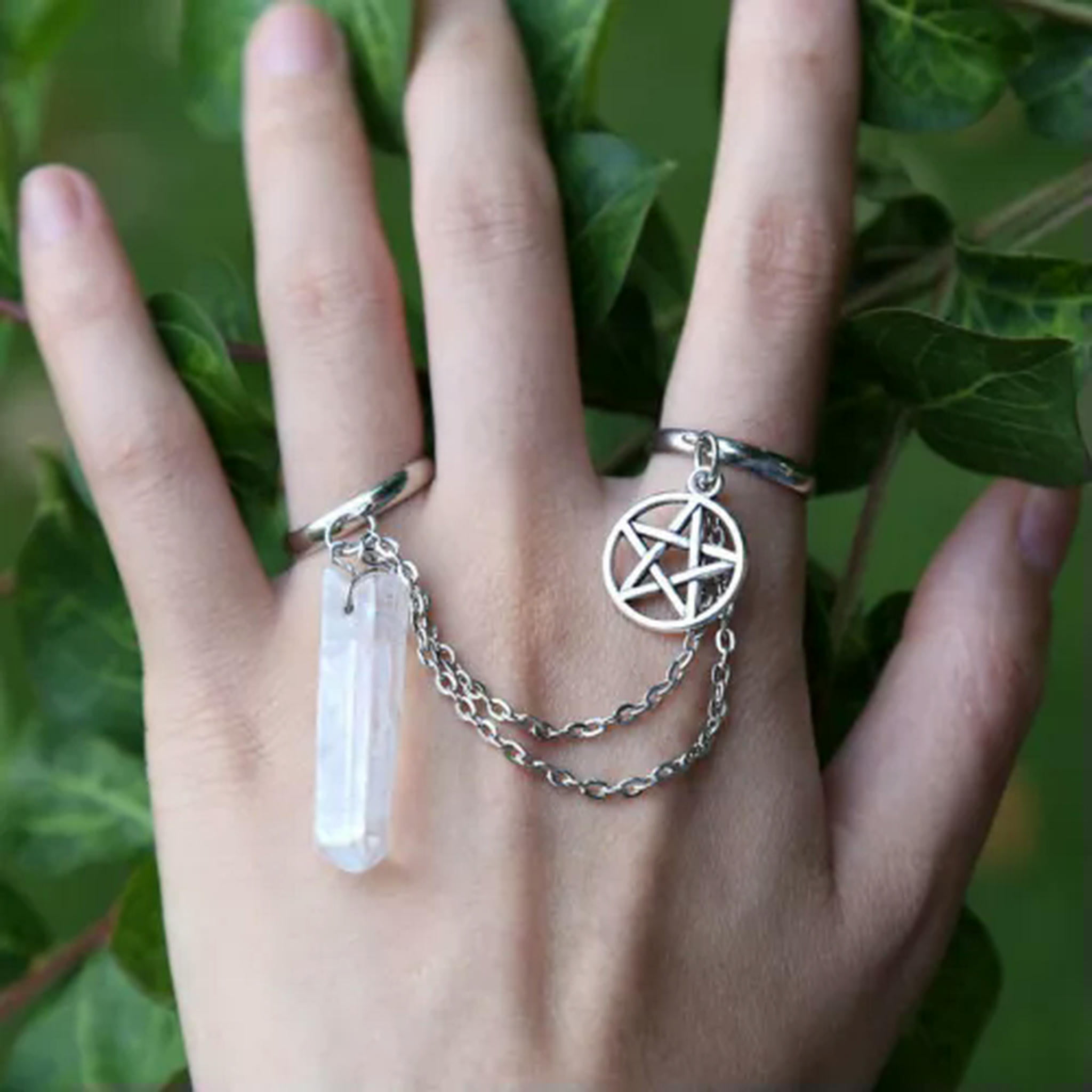 HOOUN PENTAGRAM & NATURAL QUARTZ CHAINED DOUBLE RINGS Pentacle Crystal ...