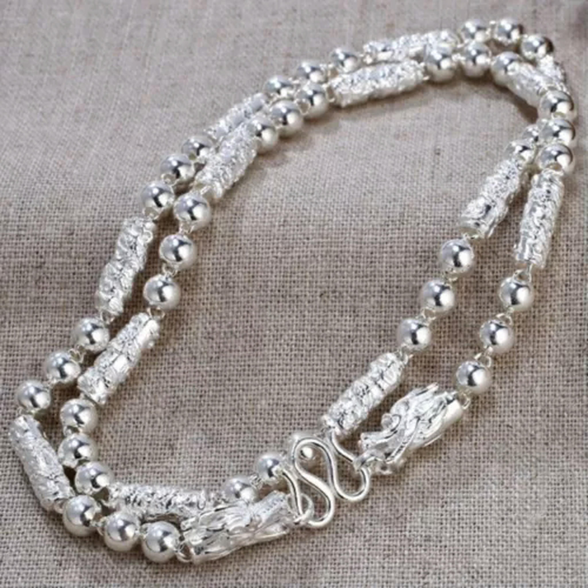 HOOUN Pure 999 Fine Silver Chain Men Dragon Head Column Bead Link ...