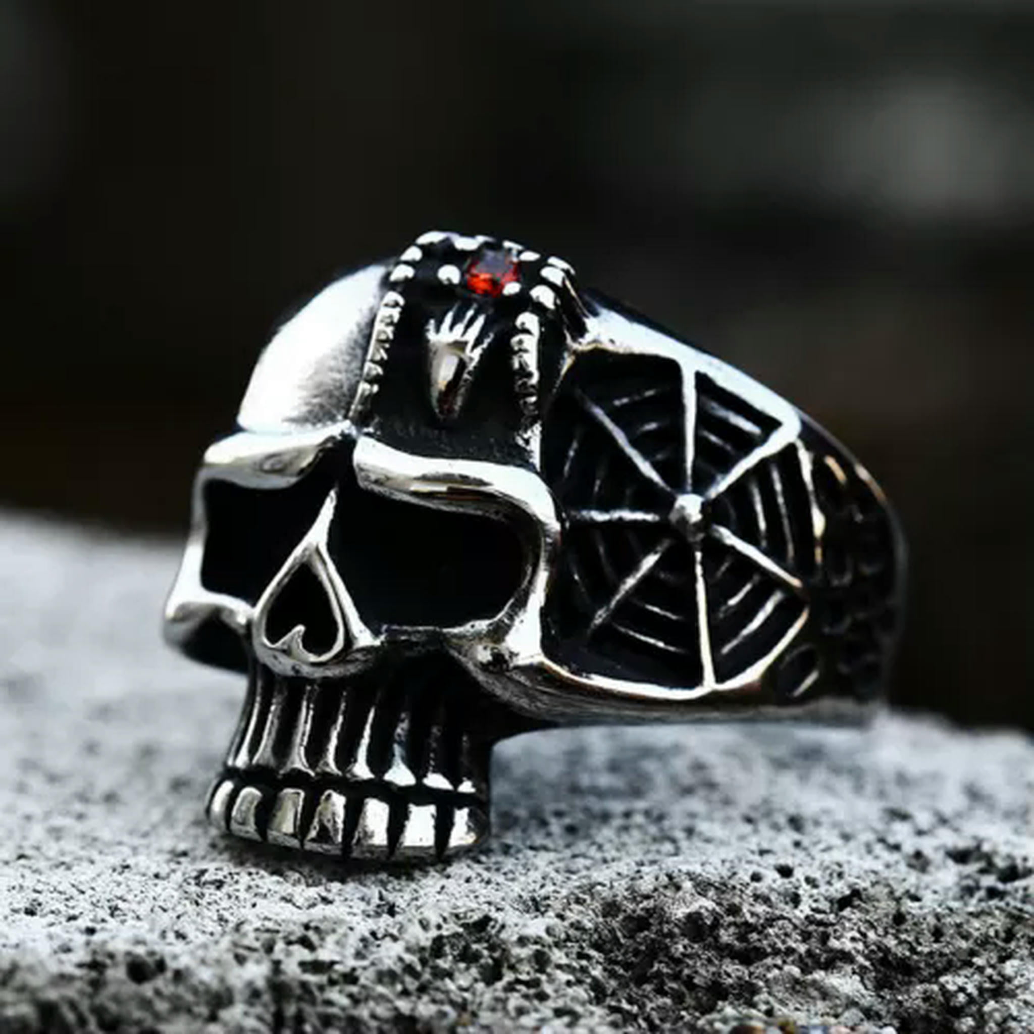 HOOUN Red CZ Spider Skull Gothic Men's Rings Stainless Steel Cobweb ...