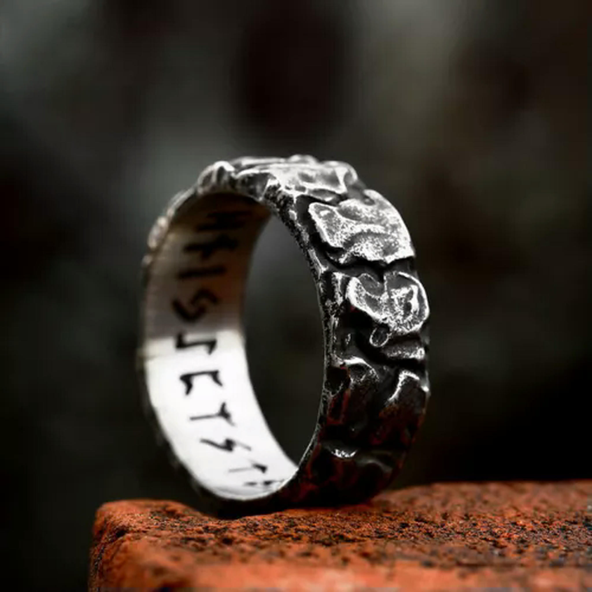 HOOUN Rock Face Back Engraving Viking Runes Ring Stainless Steel Retro ...