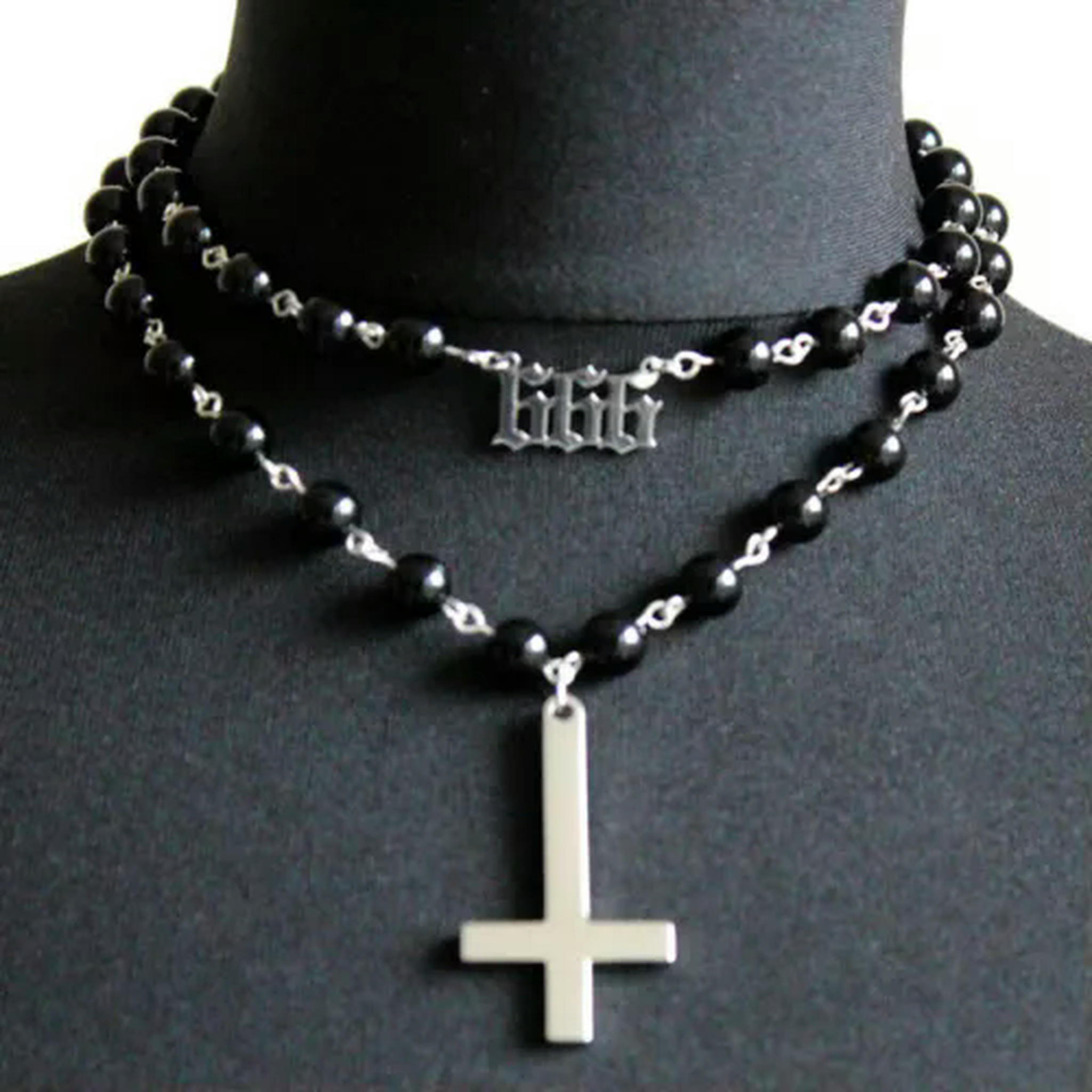 HOOUN Rosary Necklace Gothic Inverted Cross Pendant Pagan Star Charm ...