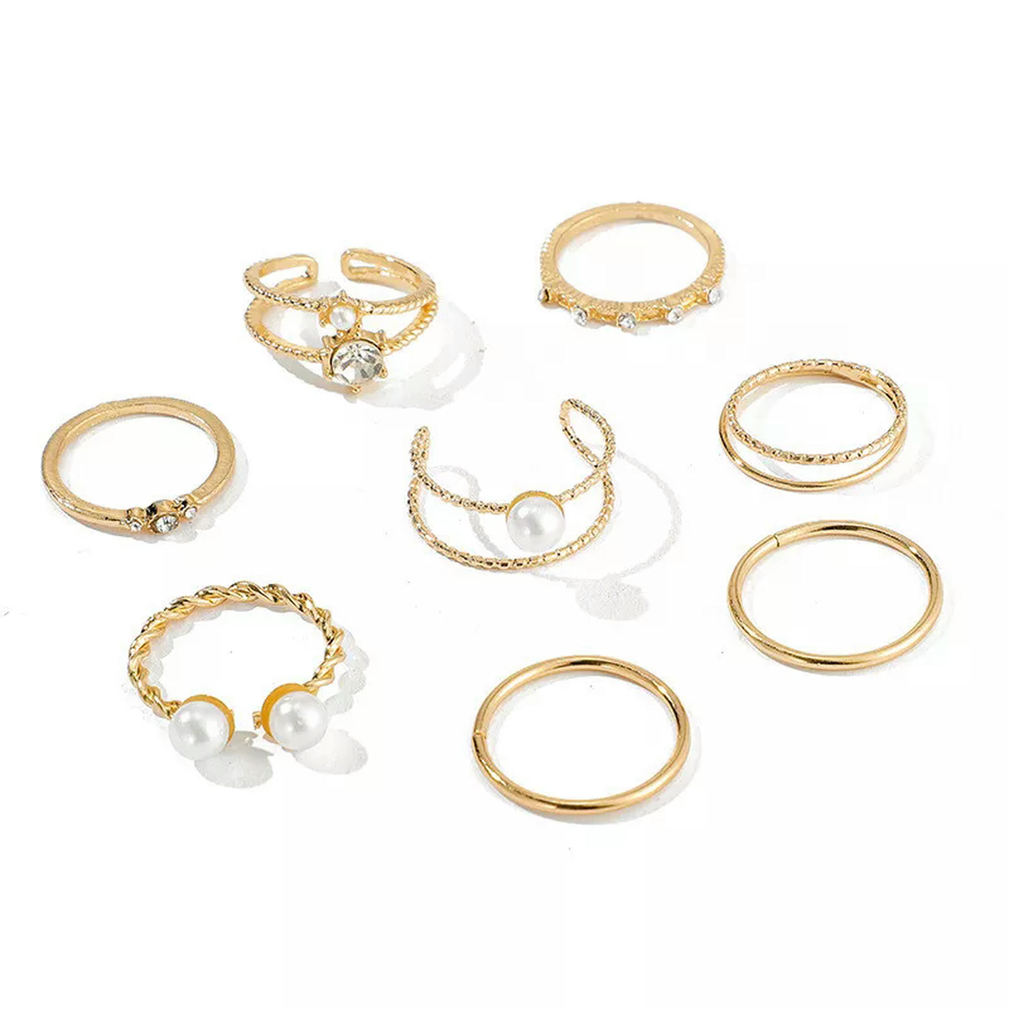 HOOUN Set 8 Rings Boho Gold Knuckle Pearl Heart Love Shinny Thumb Stack ...