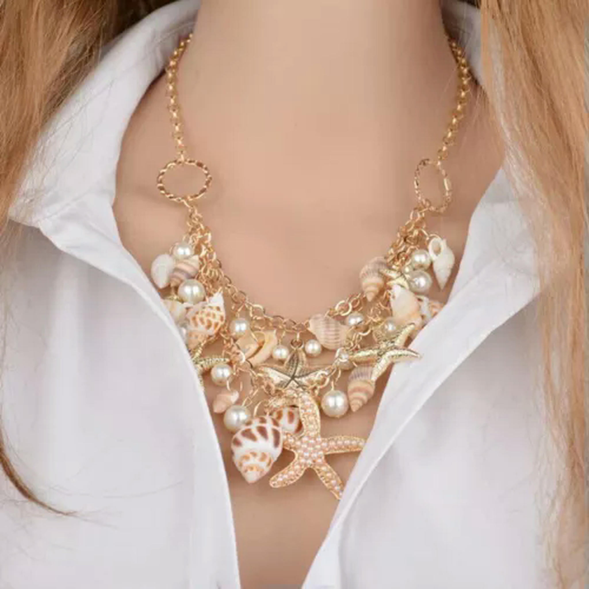 HOOUN Summer Sea Beach Shell Starfish Pearl Bib Statement Chunky ...