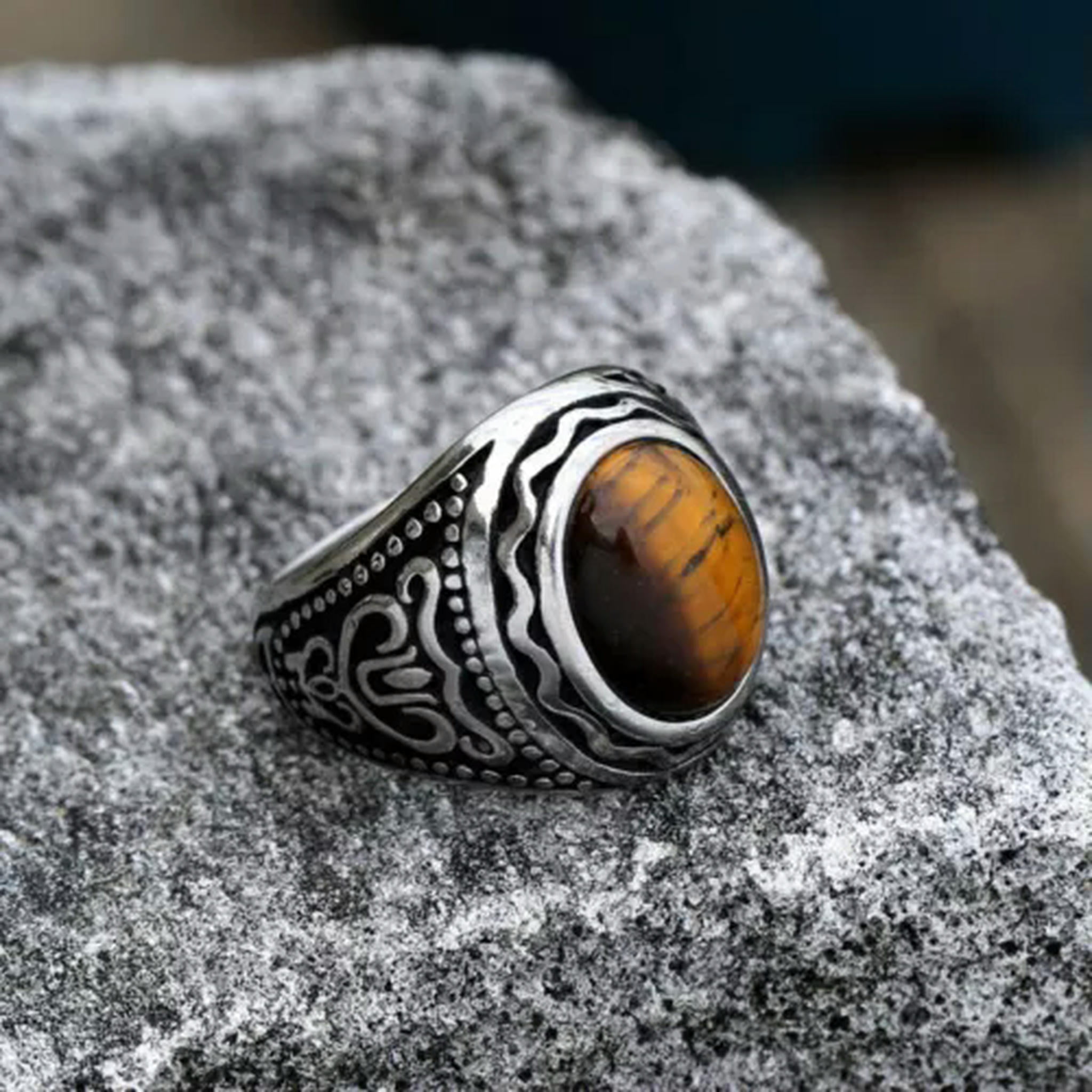 HOOUN Tiger Eyes Stone Ring for Men Stainless Steel Gemstone Vintage ...