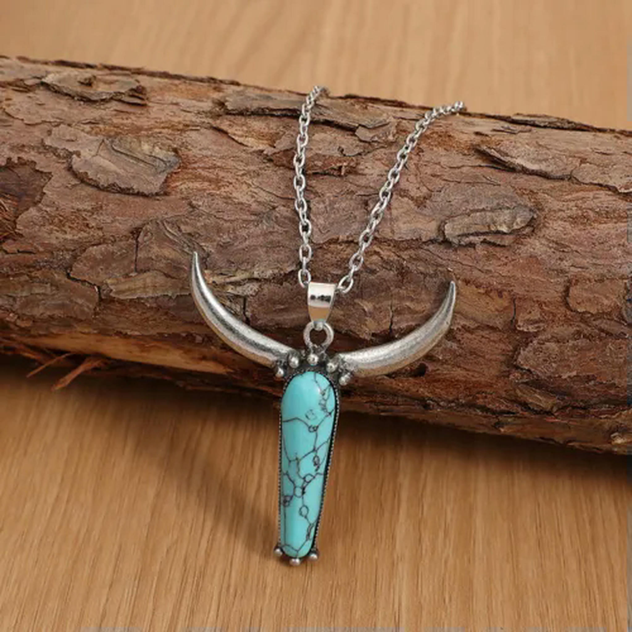 HOOUN Turquoise Longhorn Bull Head Pendant Necklace Punk Cowgirl Cowboy ...