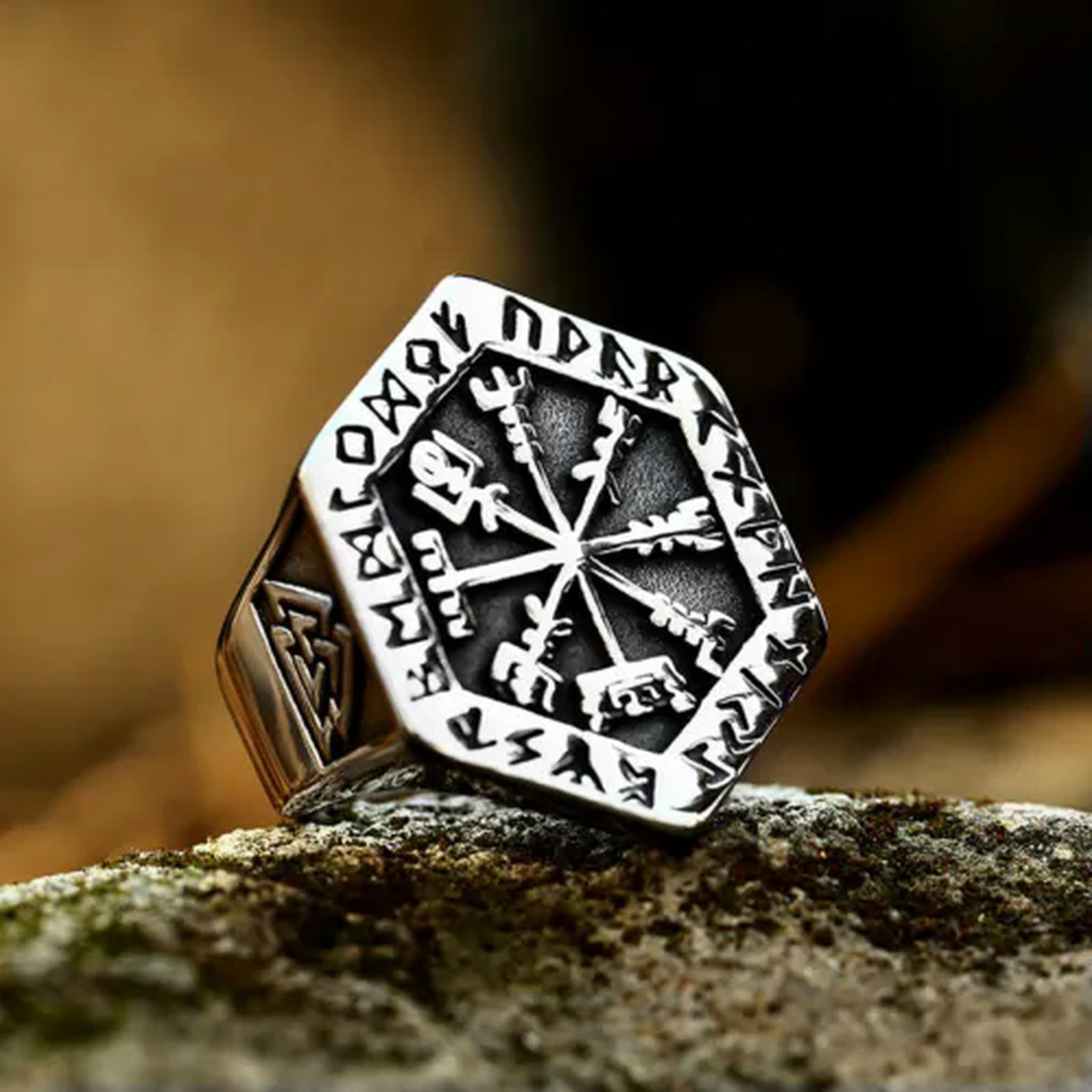 HOOUN Viking Compass Runes Valknut Ring Stainless Steel Men's Hexagon Signet Punk Ring-8 ...