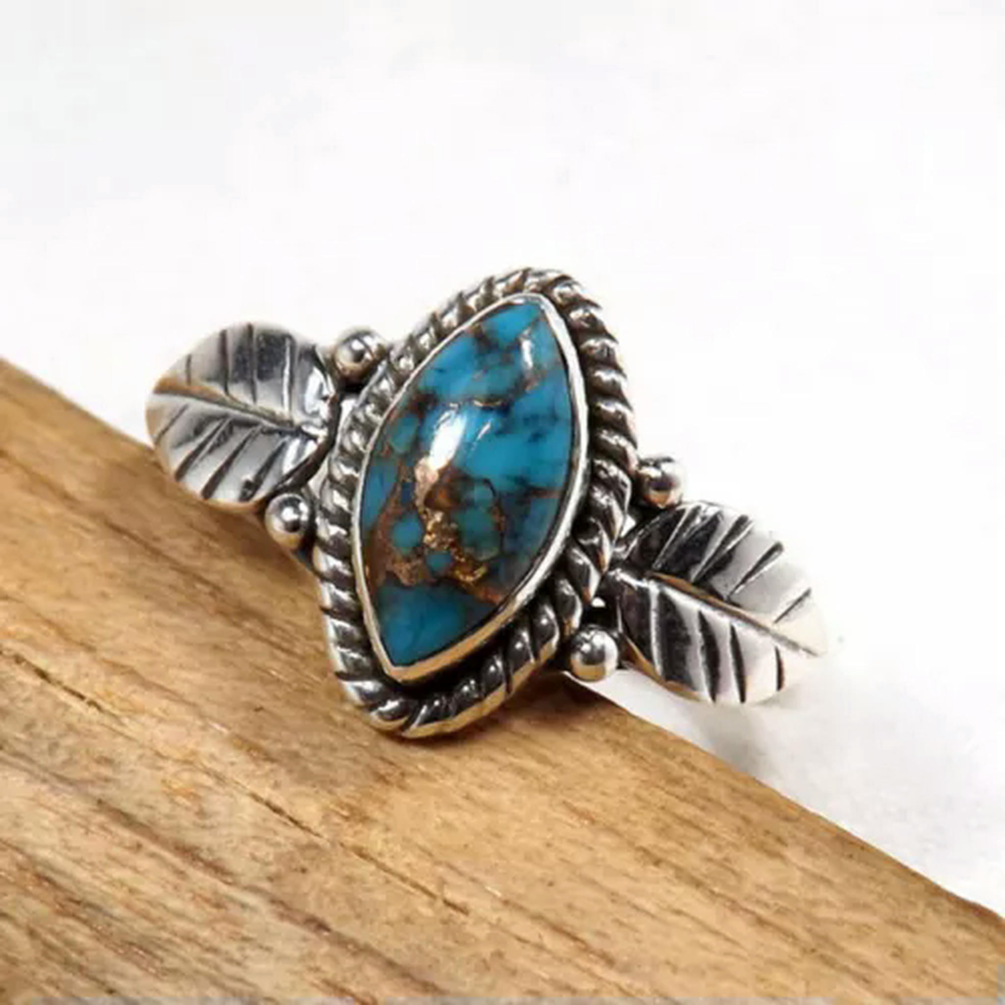 HOOUN Vintage 925Silver Leaf Native AmericanTurquoise Ring Women ...