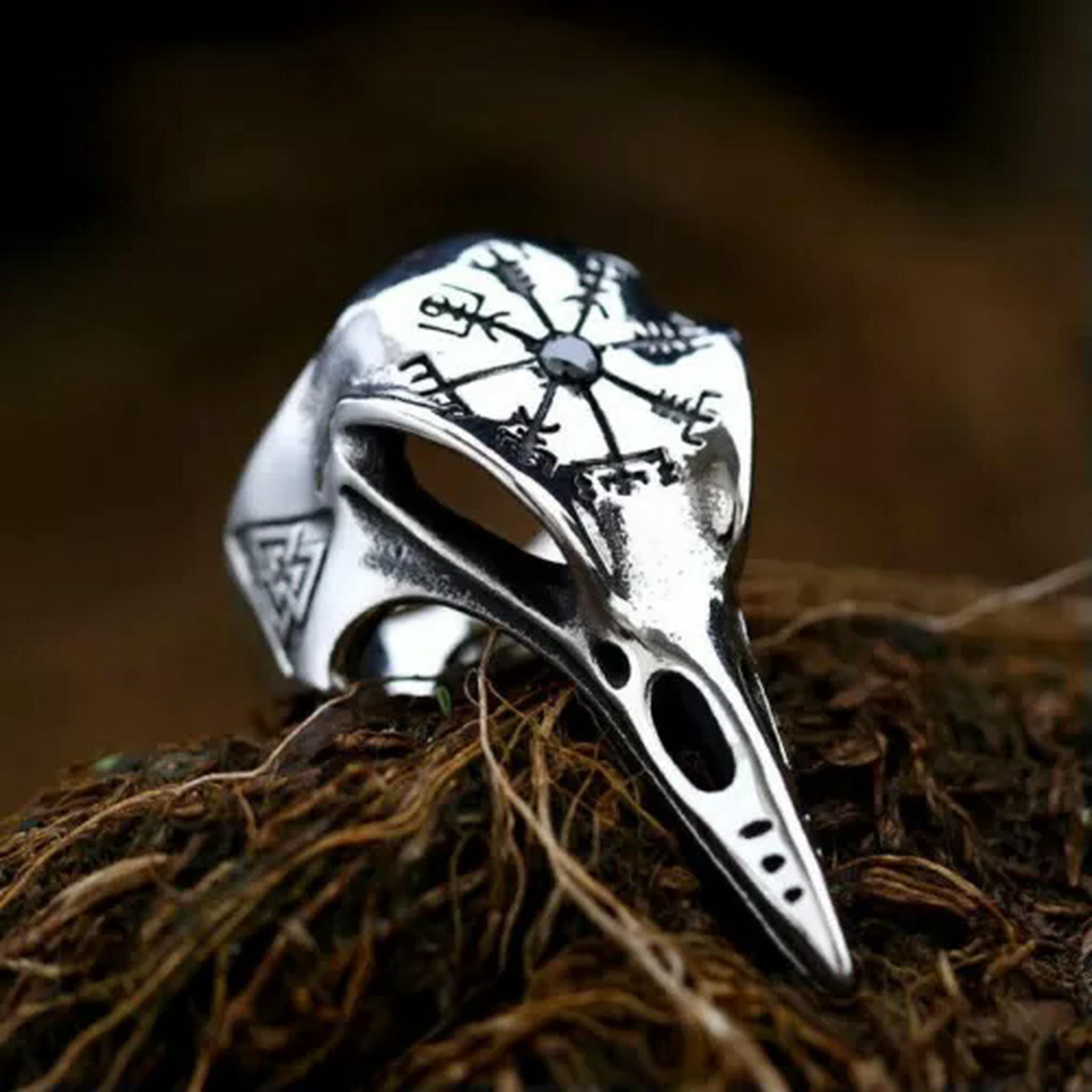 HOOUN Vintage Black CZ Viking Compass Eagle Skull Ring Stainless Steel ...