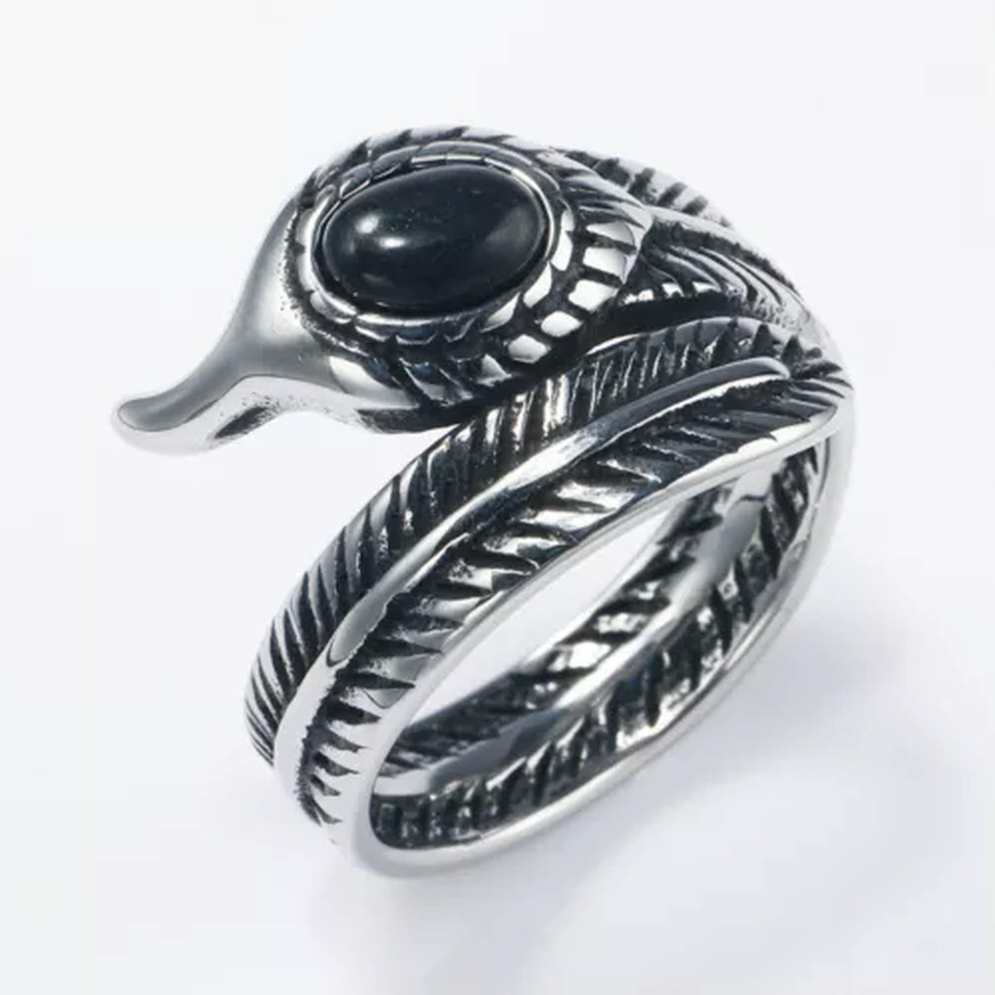 HOOUN Vintage Black Stone Inlay Feather Ring Stainless Steel Retro ...