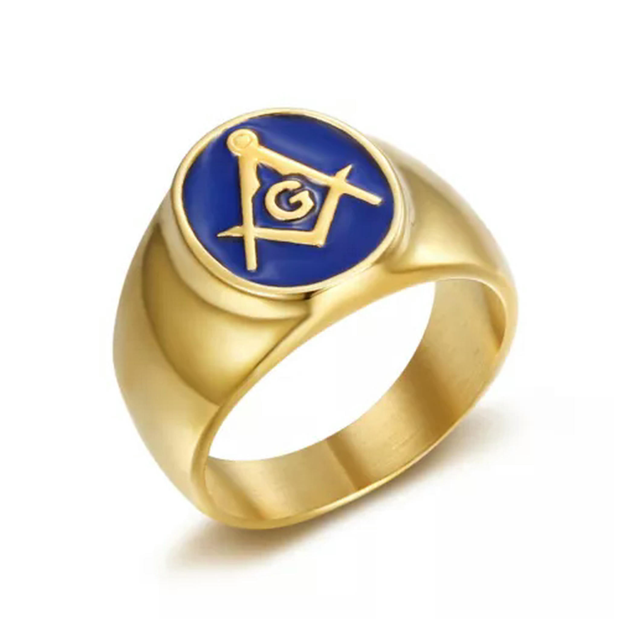 HOOUN Vintage Blue Enamel Freemason AG Ring Stainless Steel Gold Plated ...