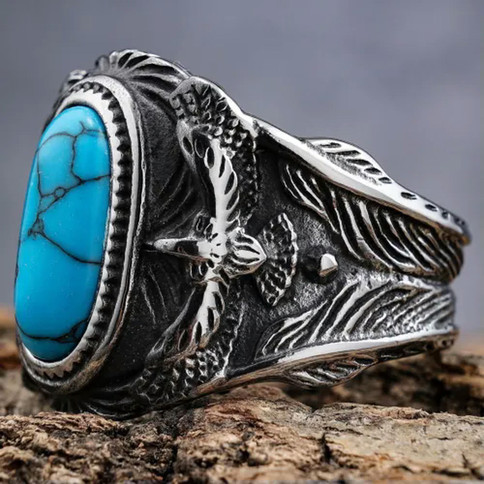 HOOUN Vintage Blue Turquoise Eagle Indian Tribal Ring Stainless Steel ...