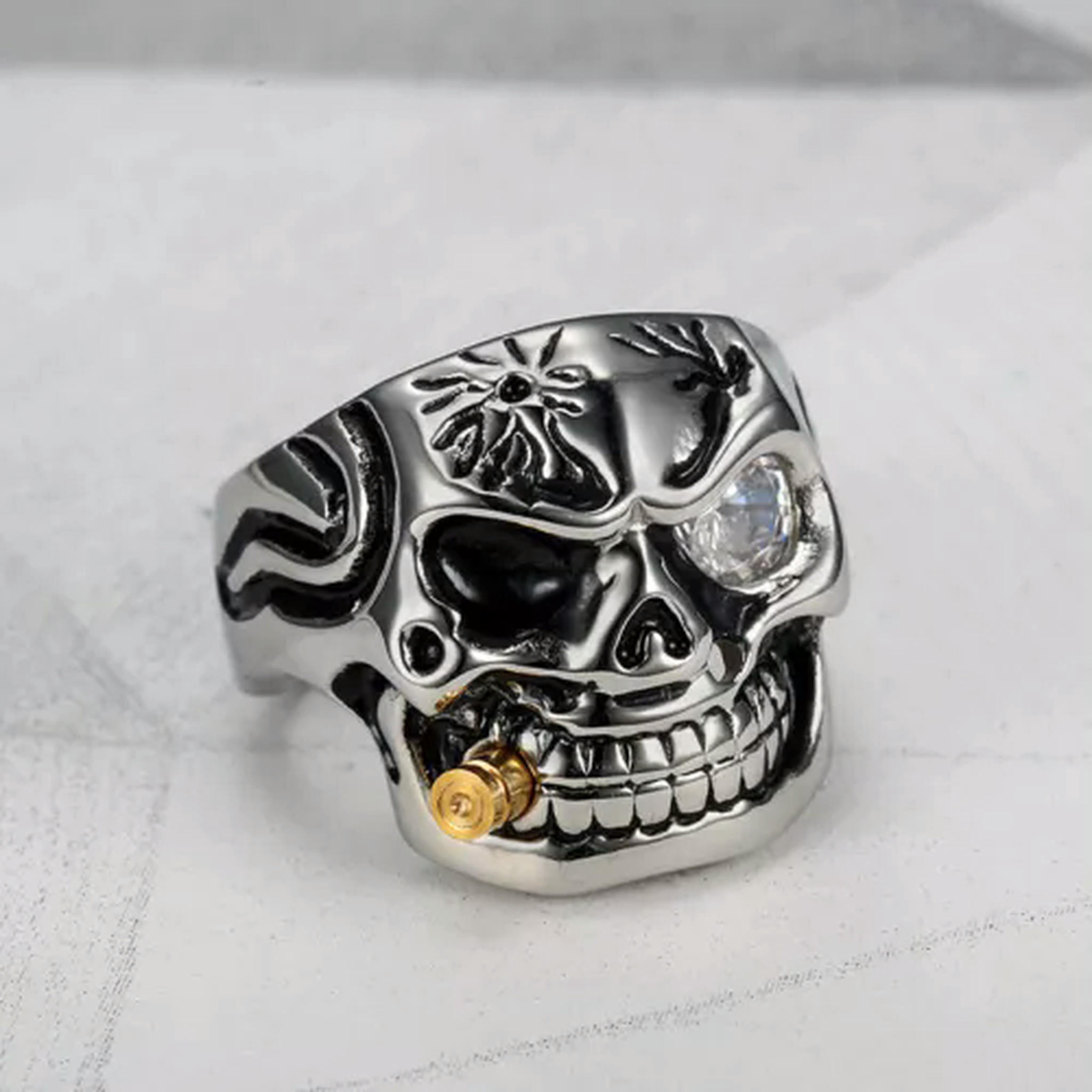 HOOUN Vintage Classic Smoking Cigar Skull Ring Stainless Steel Gothic ...