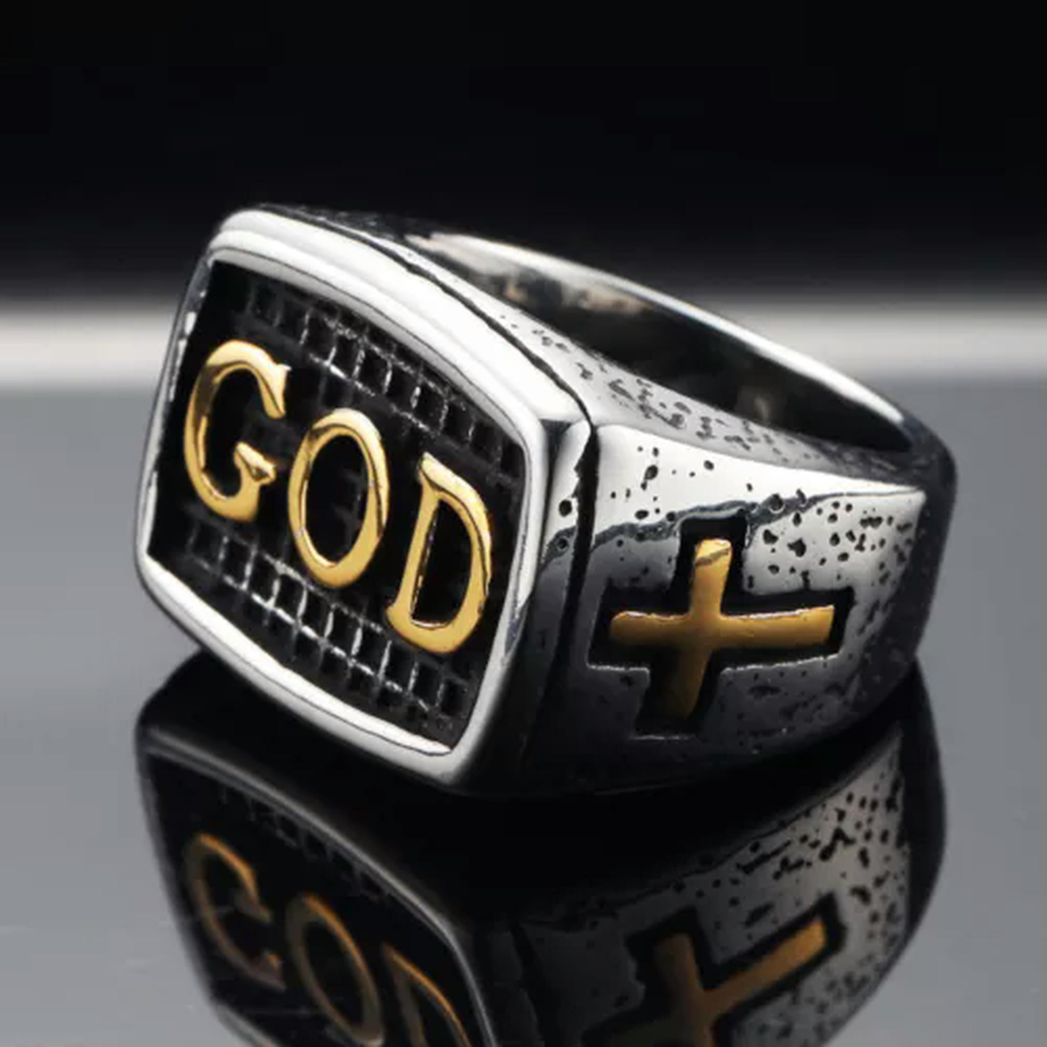 HOOUN Vintage Cross GOD Square Signet Ring Stainless Steel Men's Gothic ...