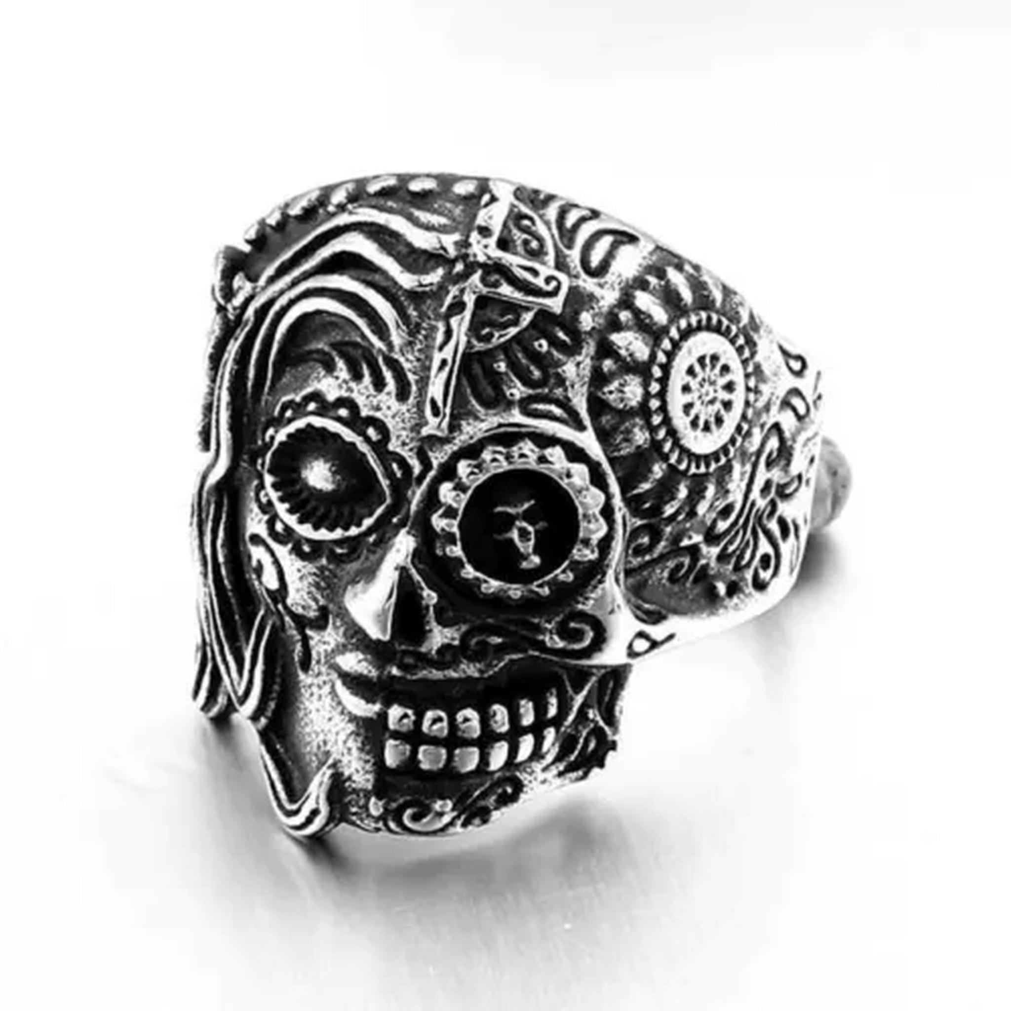HOOUN Vintage Half Face Skull Ring Stainless Steel Gothic Good & Evil ...