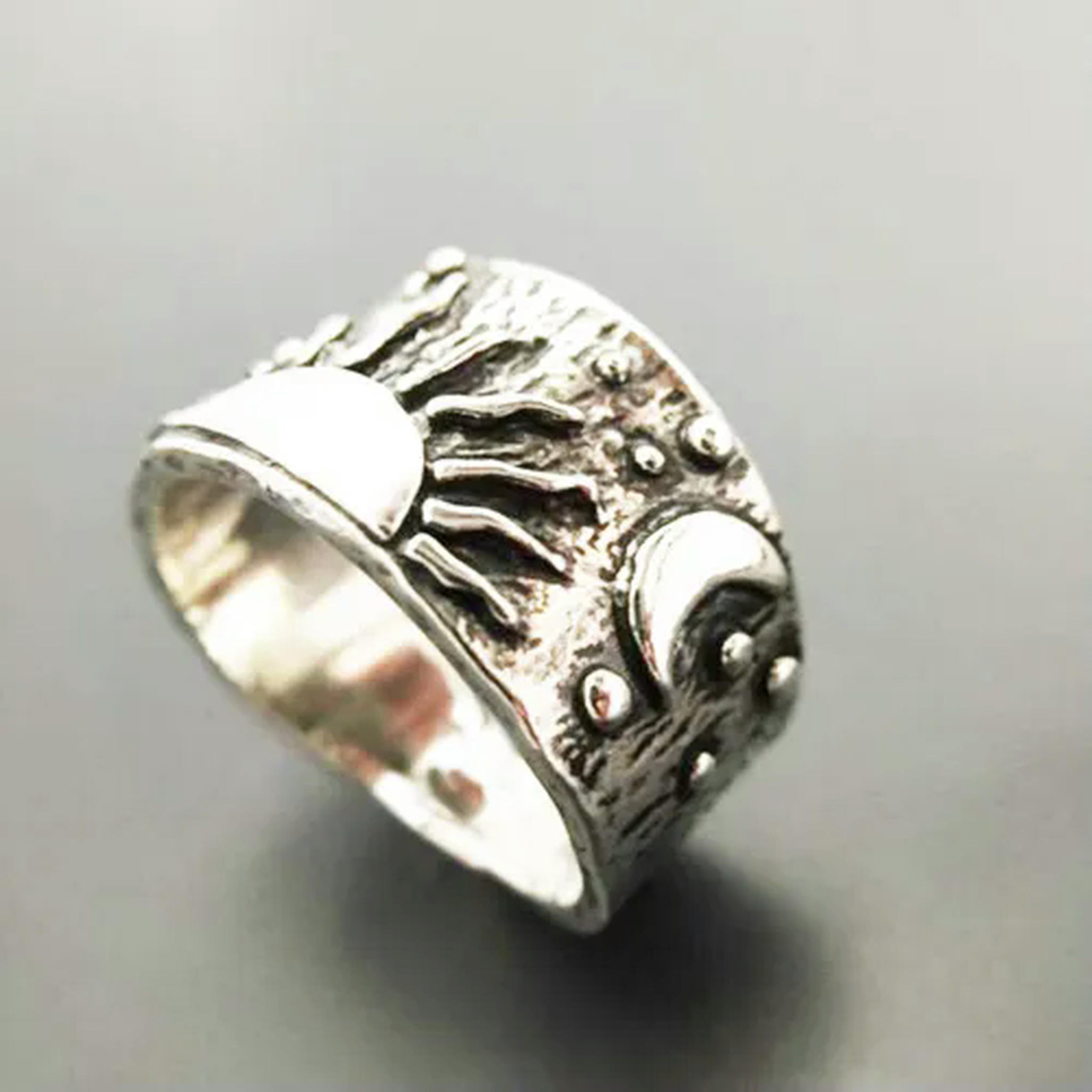 HOOUN Vintage Punk Ring Men's Sun and Moon Ring Silver Wide Band Party ...