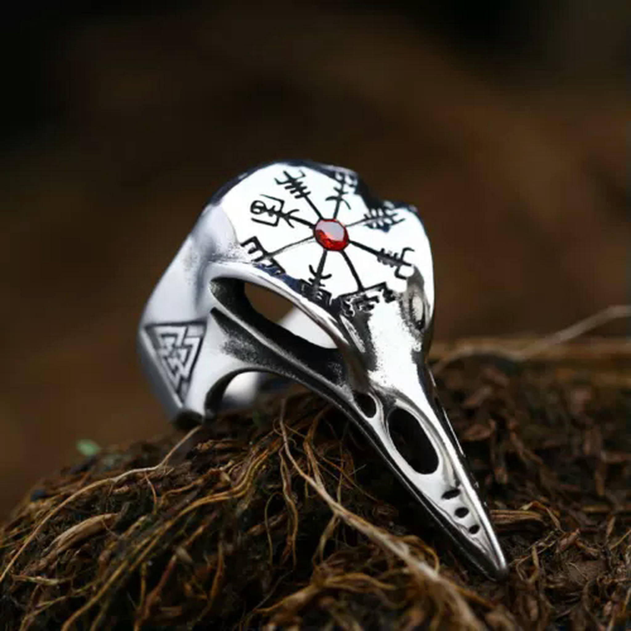 HOOUN Vintage Red CZ Viking Compass Eagle Skull Ring Stainless Steel ...