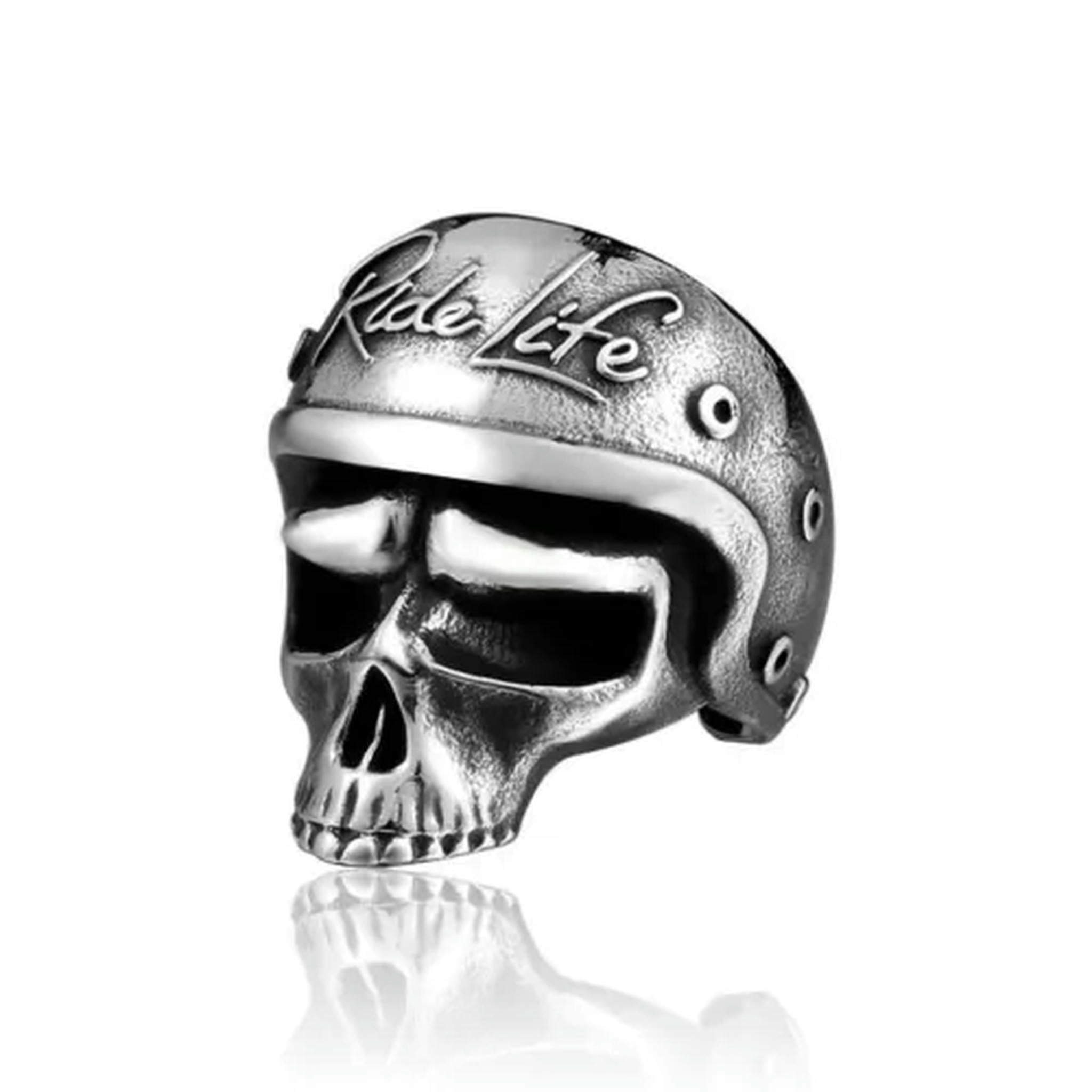 HOOUN Vintage Ride Life Helmet Skull Ring Stainless Steel Men's Biker ...