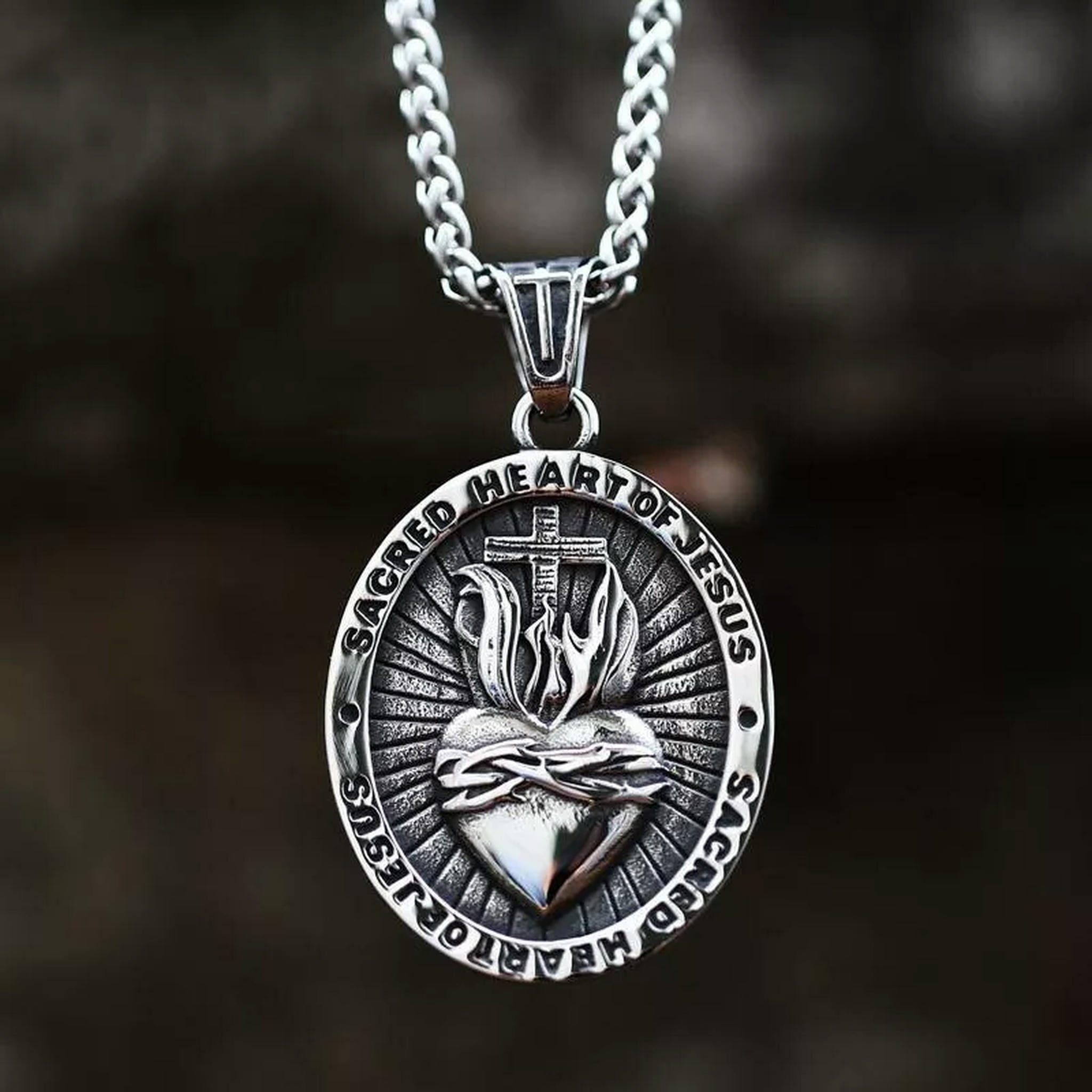 HOOUN Vintage Sacred Heart Of Jesus Cross Pendant Stainless Steel Cool ...