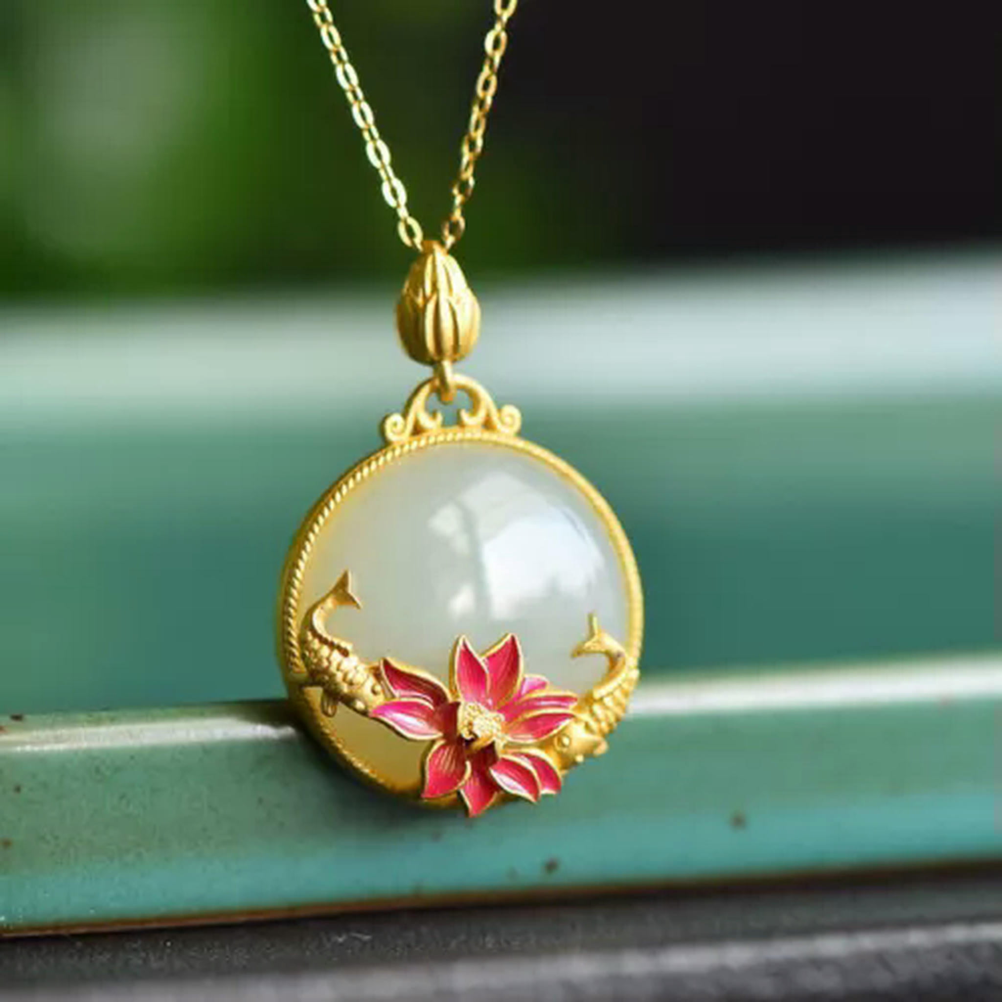 HOOUN White Jade Lotus Pendant Necklace Jewelry Natural 925 Silver ...
