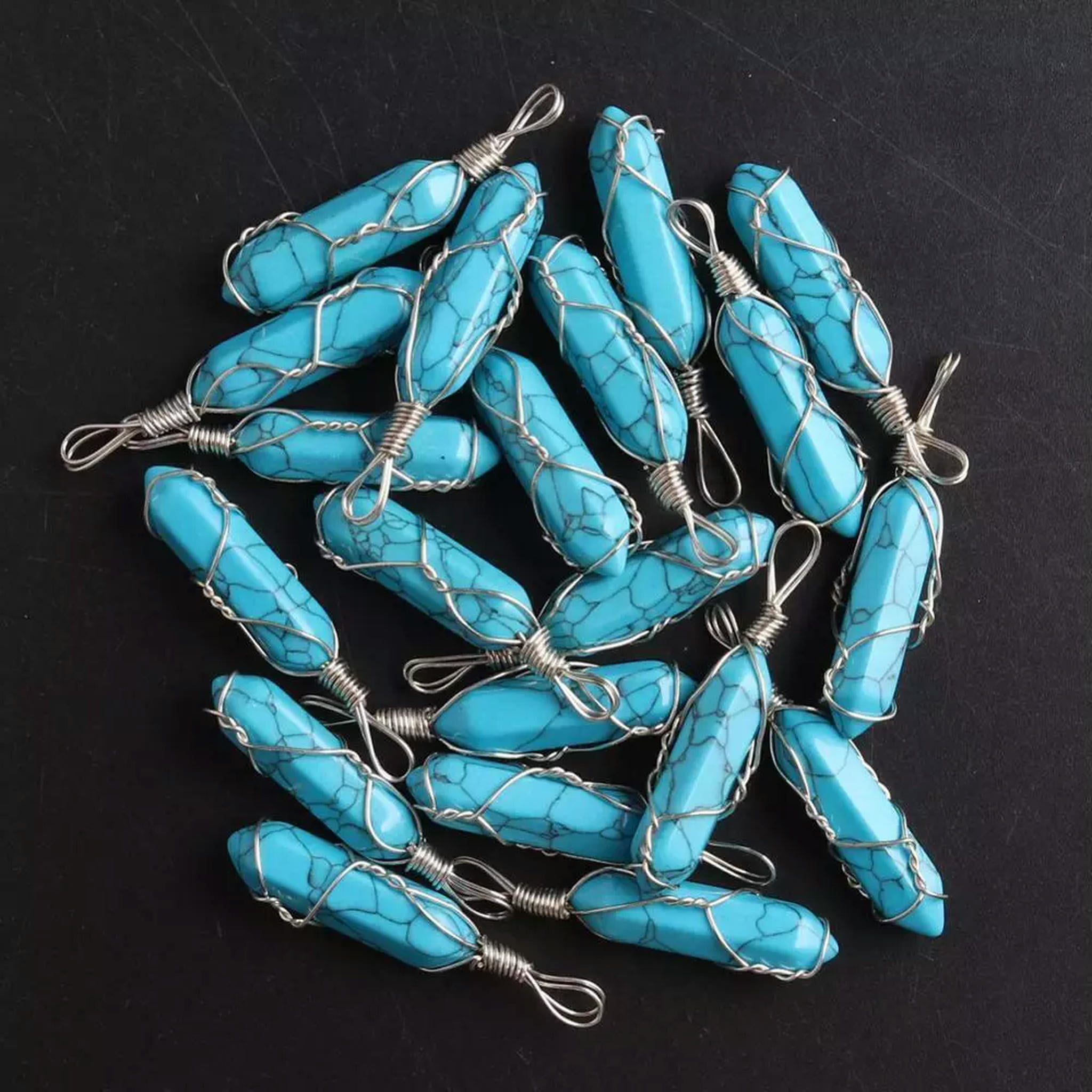 HOOUN Wholesale 50pcs Blue Turquoise Stone Pillar Handmade Silver Iron ...