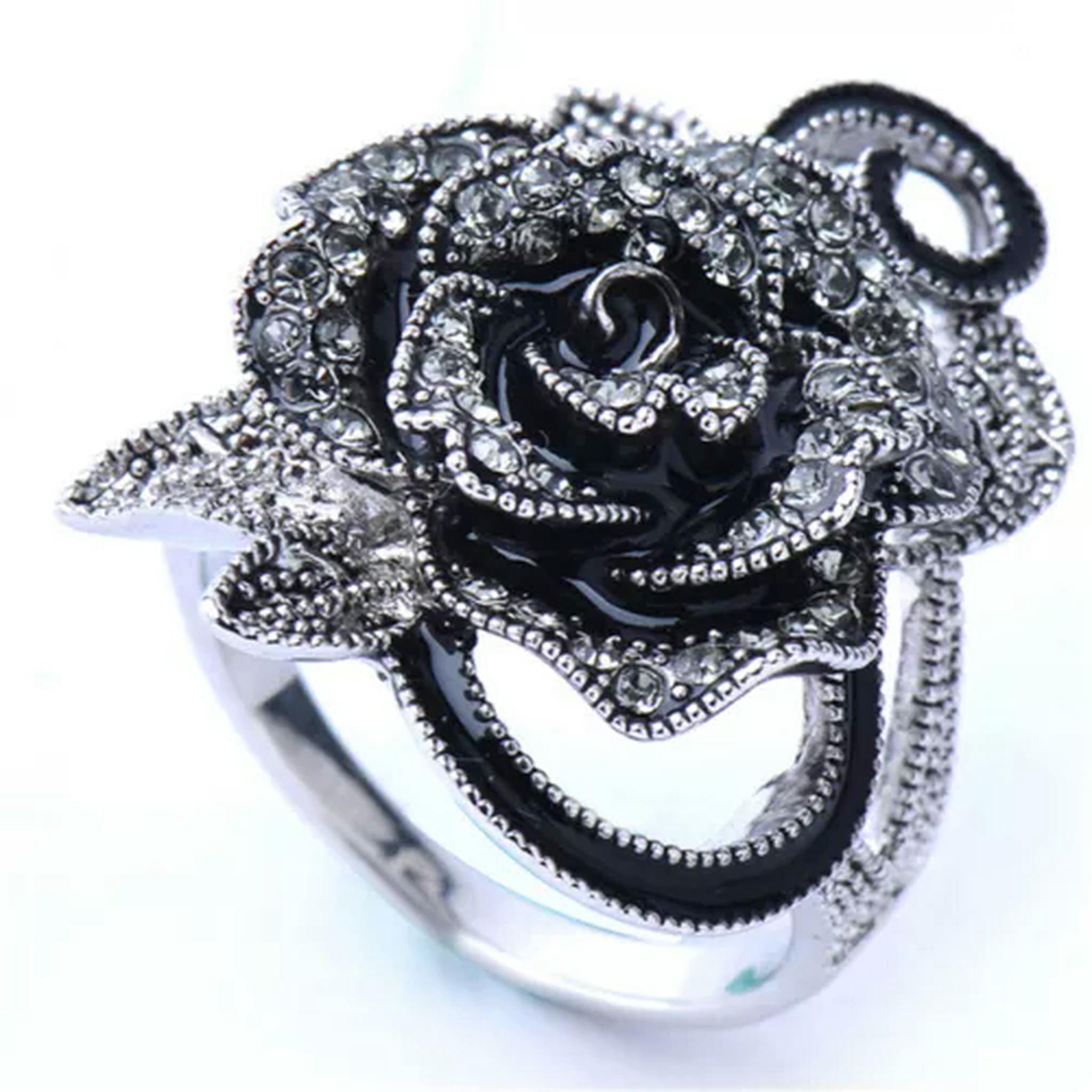 HOOUN Women Retro Rose Flower Ring Black Crystal Vantige Big Flower ...