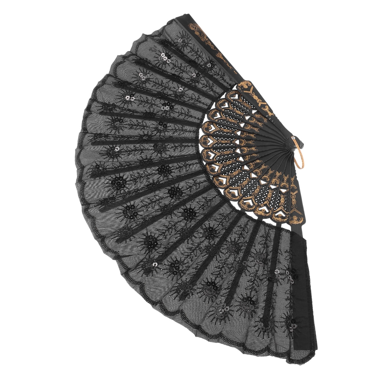 HOOWIFFY Black Chinese Style Hand Fan with Embroidered Sequins for ...