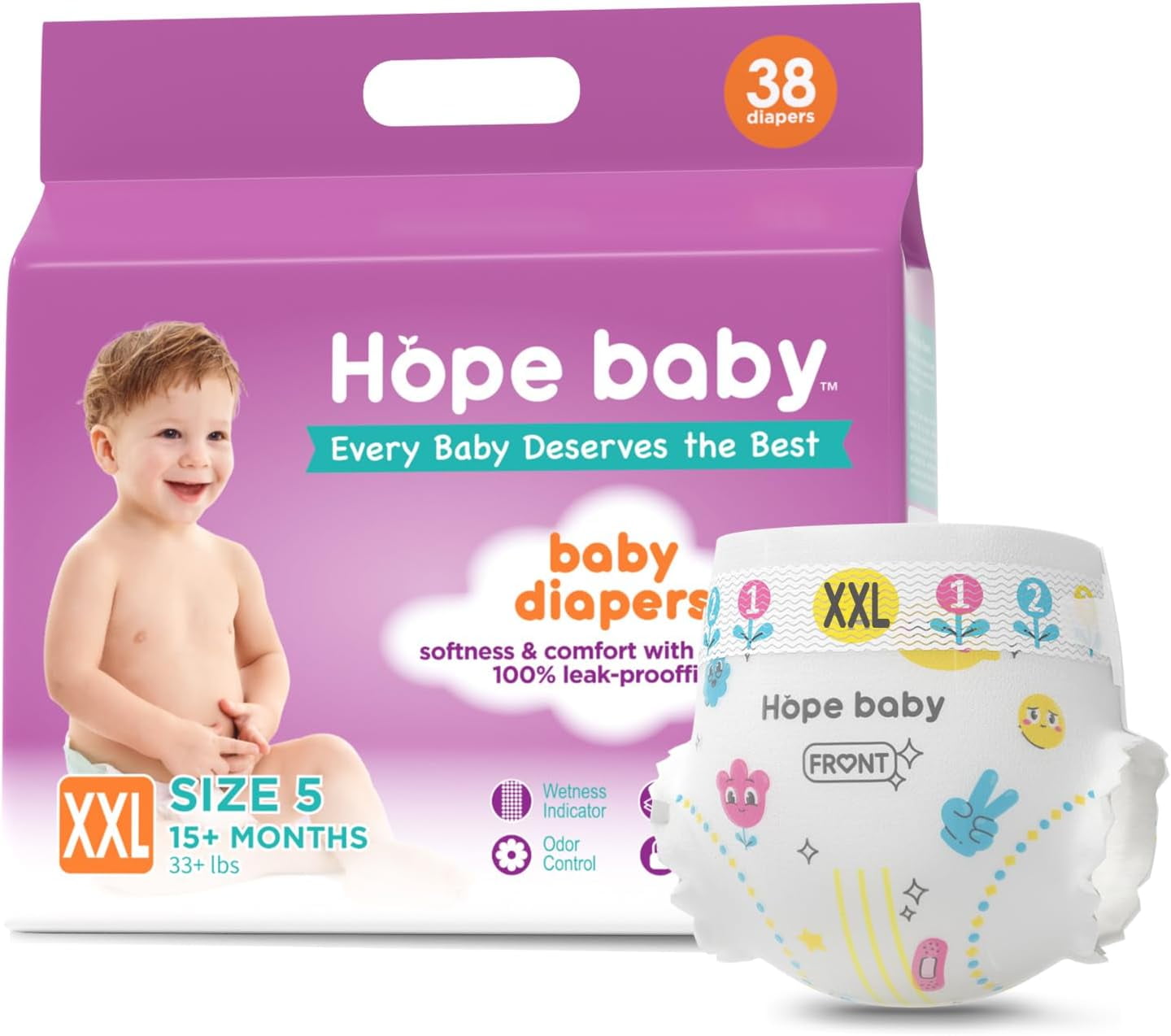 HOPE BABY Diapers Size 5(Over 33 LBS) Disposable Baby Diapers Newborn ...