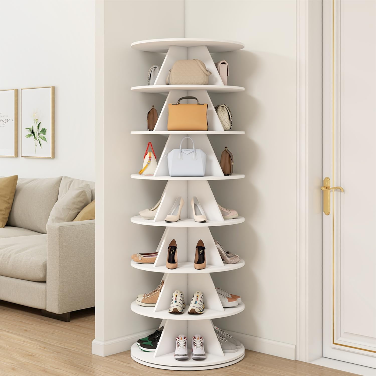 HOPUBUY Wood Shoe Rack Tower Rotating Shoe Rack, 7-Tier Free Standing ...